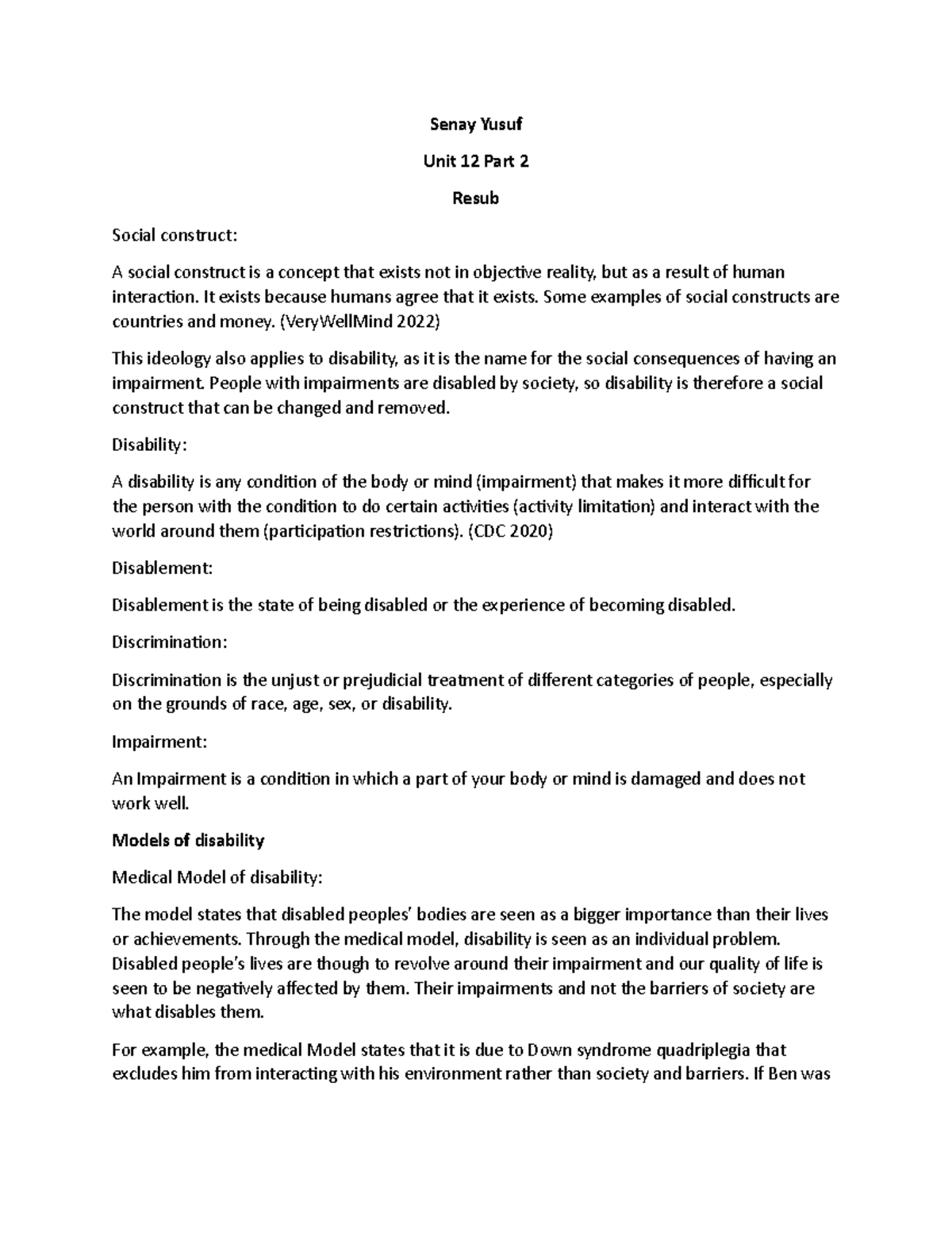 U12 Part 2 distinction - Senay Yusuf Unit 12 Part 2 Resub Social construct: A social construct ...