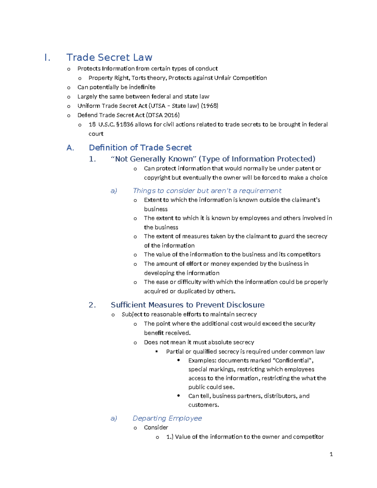 Intellectual Property Survey - Final Prep Outline - I. Trade Secret Law ...