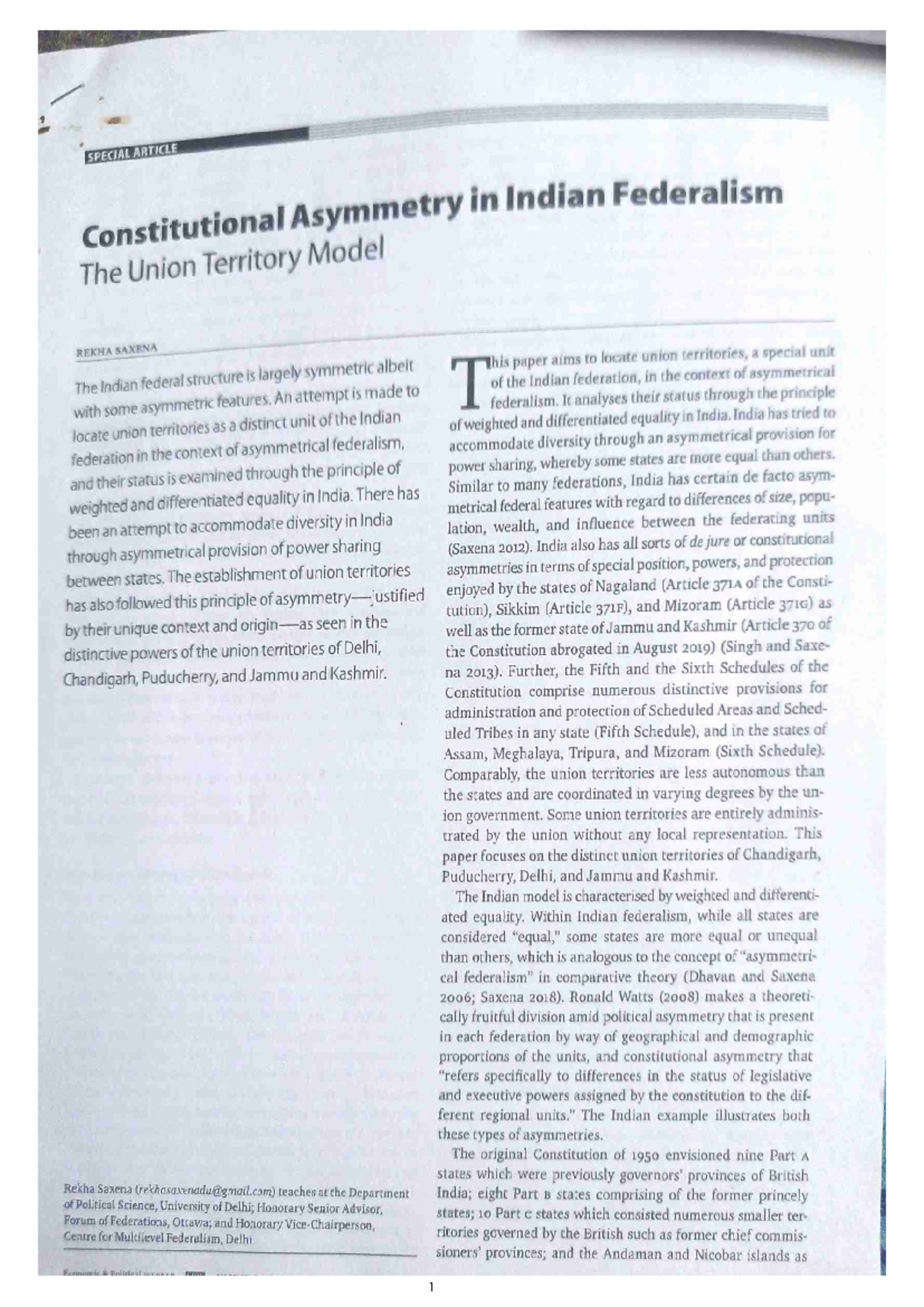 Asymmetrical Federalism - SPECIAL ARTICLE Constitutional Asymmetry in ...