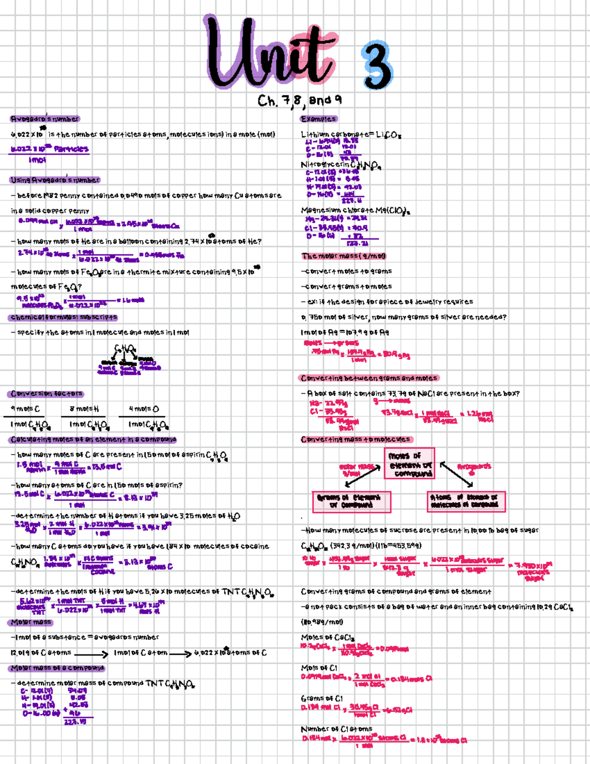Unit 3 Chem Notes part 1 - Unit 3 Ch. 7,8, and 9 Avogadro's number 6 x ...