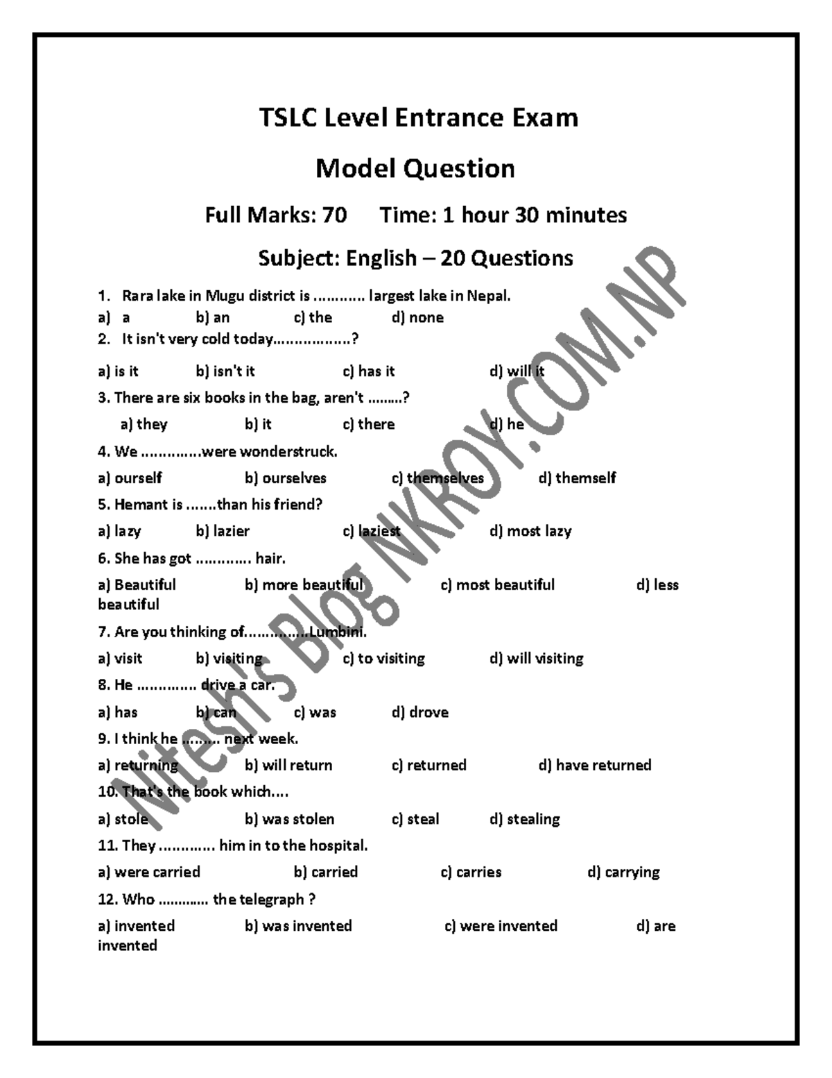 TSLC Level Entrance Exam Model Question - TSLC Level Entrance Exam ...