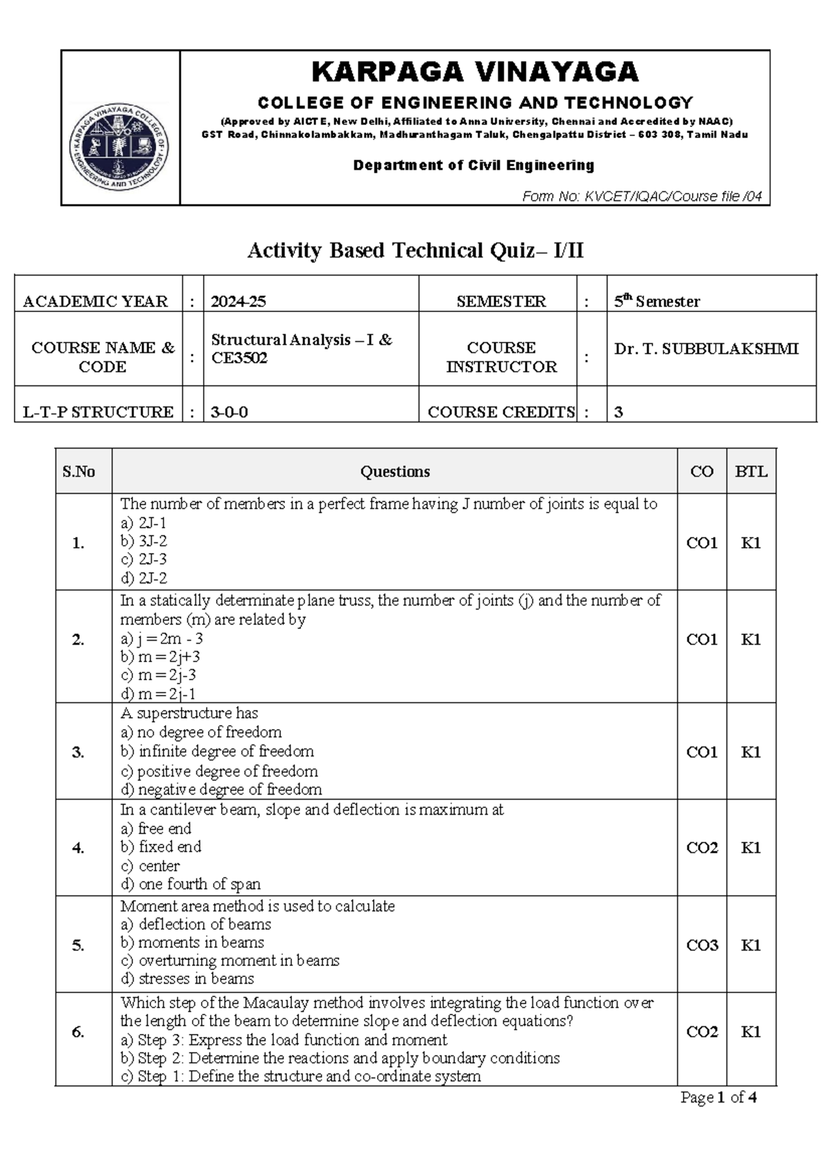 13. Activity based technical quiz I - COLLEGE OF ENGINEERING AND ...