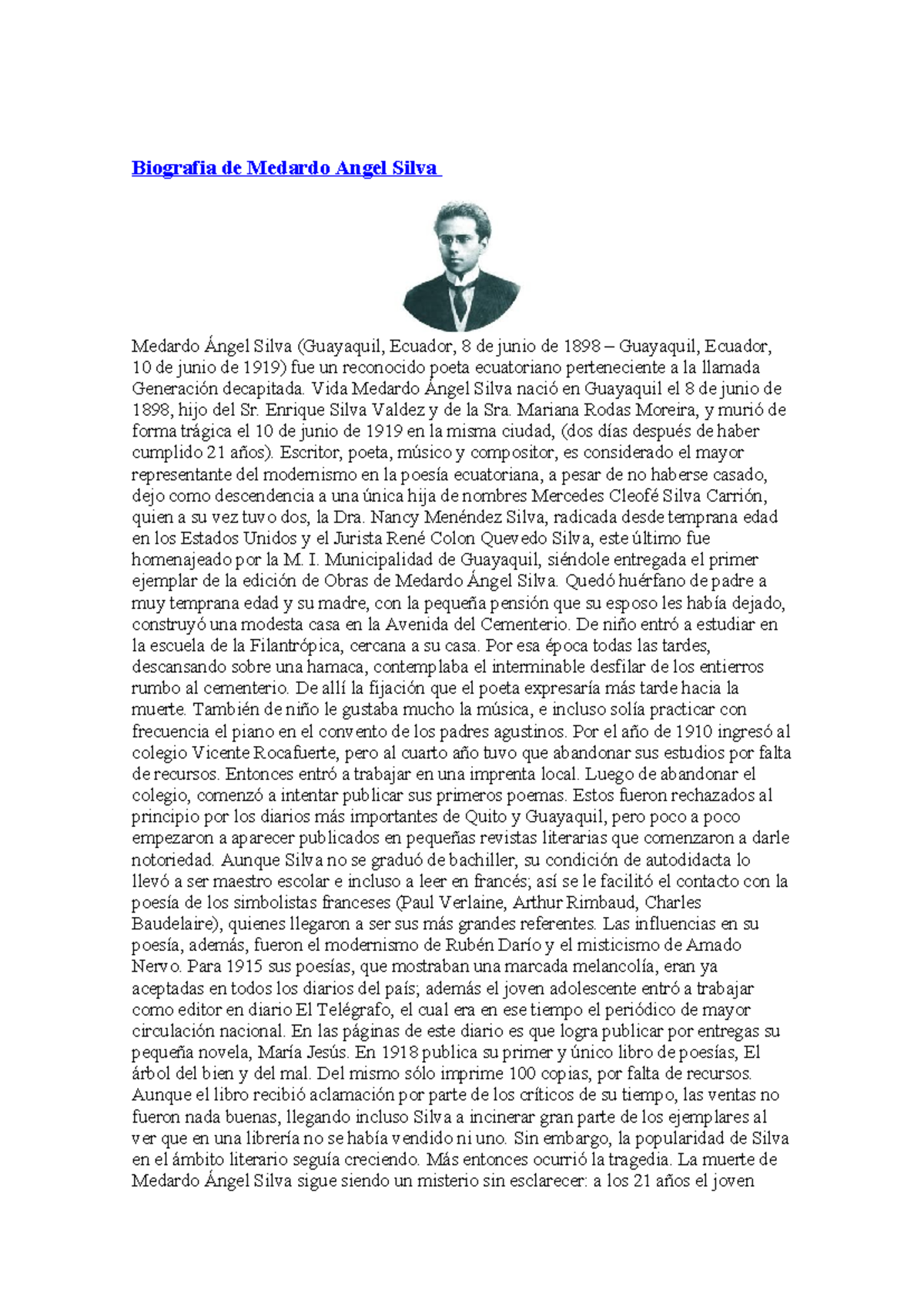 Biografia de Medardo Angel Silva - Biografia de Medardo Angel Silva ...