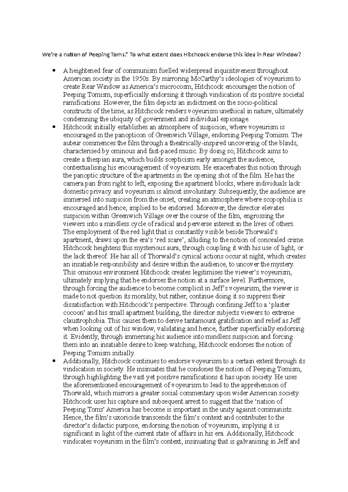 We - Rear Window Essay - We’re a nation of Peeping Toms.” To what ...