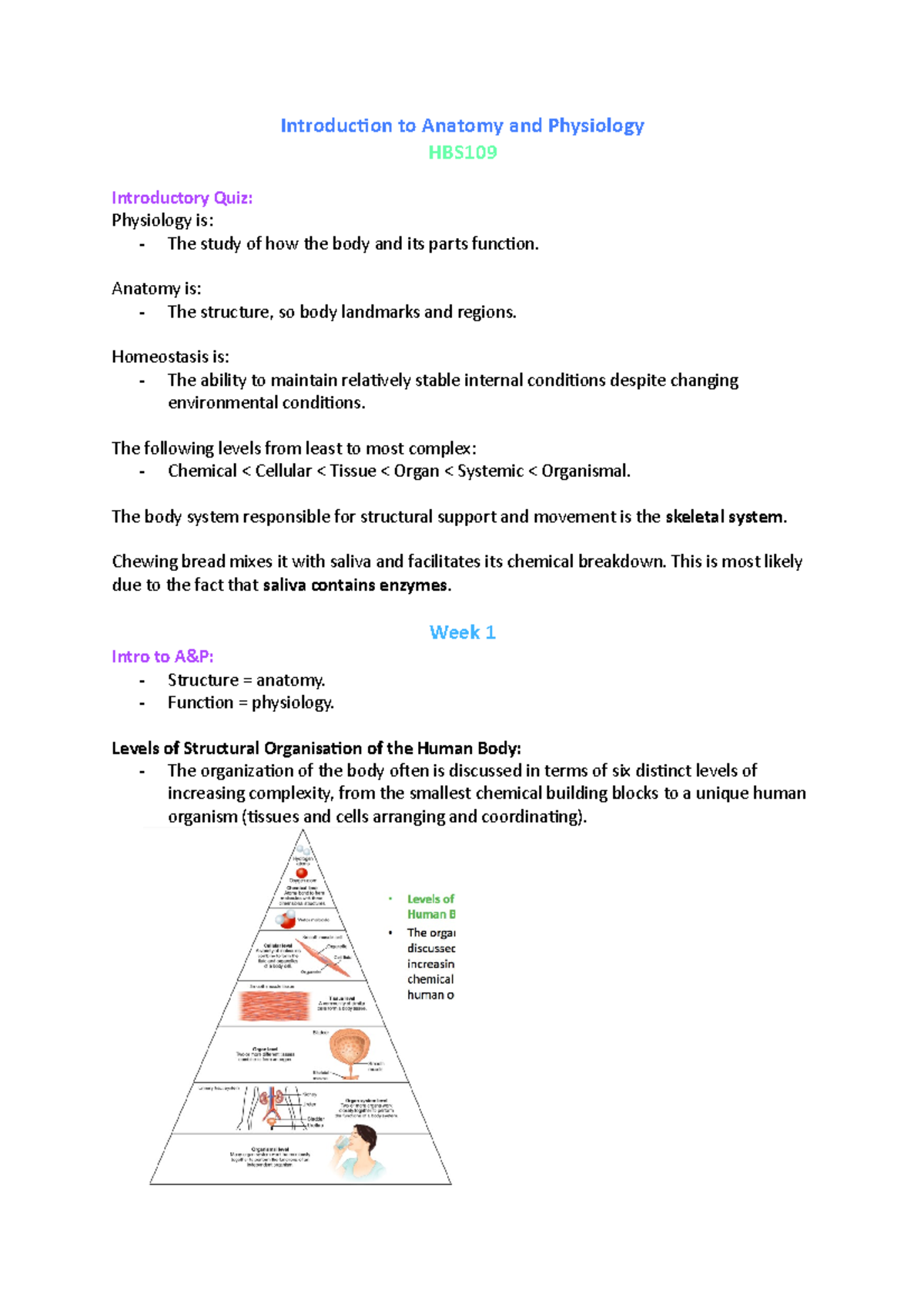 HBS109 notes - Introduction to Anatomy and Physiology HBS Introductory ...