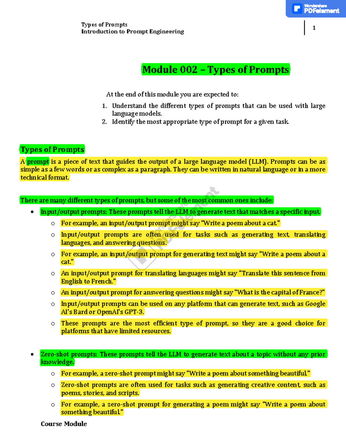 Prompt Engr Module 2 Copy Introduction To Prompt Engineering 1 Module 002 Types Of Prompts