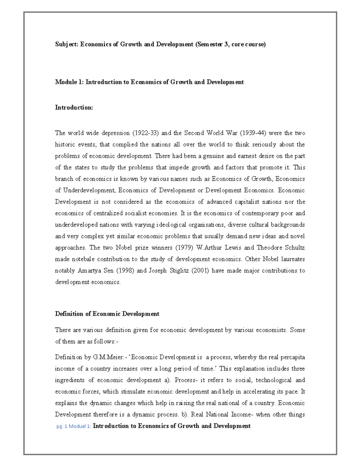 Module 1 Introduction to Economics of Growth and Development-Part 1 ...