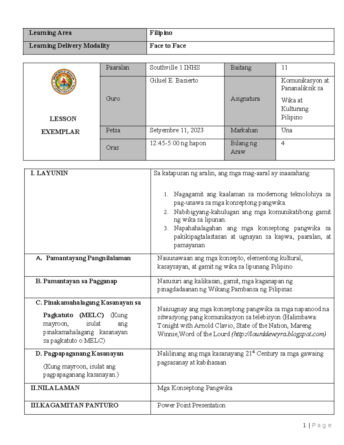 LE-WEEK 3 DAY 1- Komunikasyon- Basierto - Learning Area Filipino ...