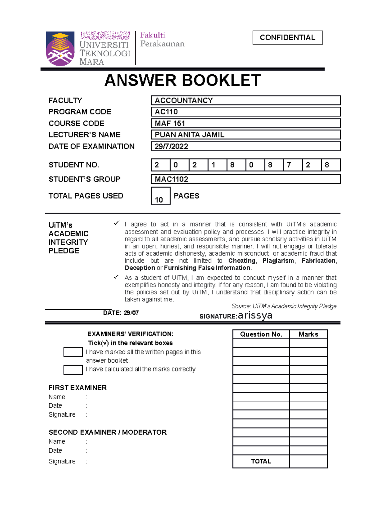 4. Answer Scripts Front PAGE FAR160 - ANSWER BOOKLET FACULTY ...