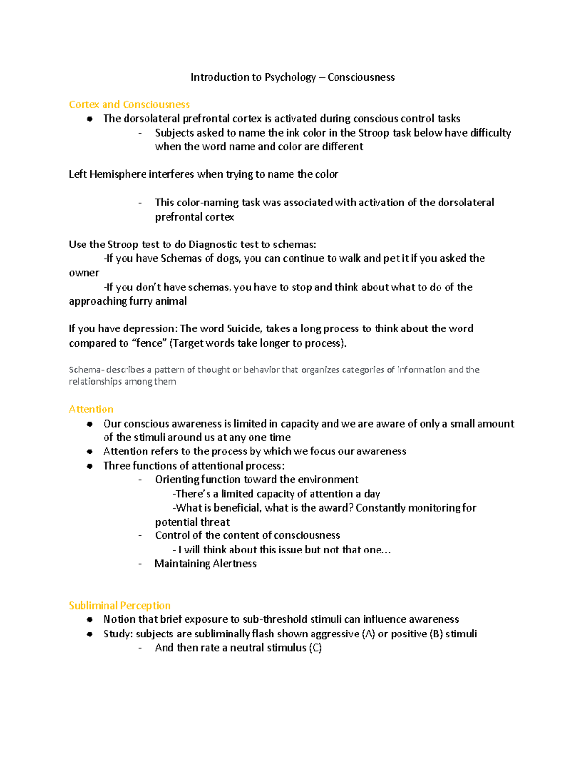 Lecture 5 Notes - Introduction to Psychology – Consciousness Cortex and ...