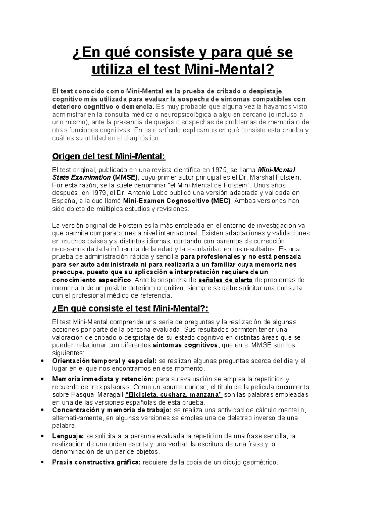 Test Mini Mental - Test - ¿En qué consiste y para qué se utiliza el ...