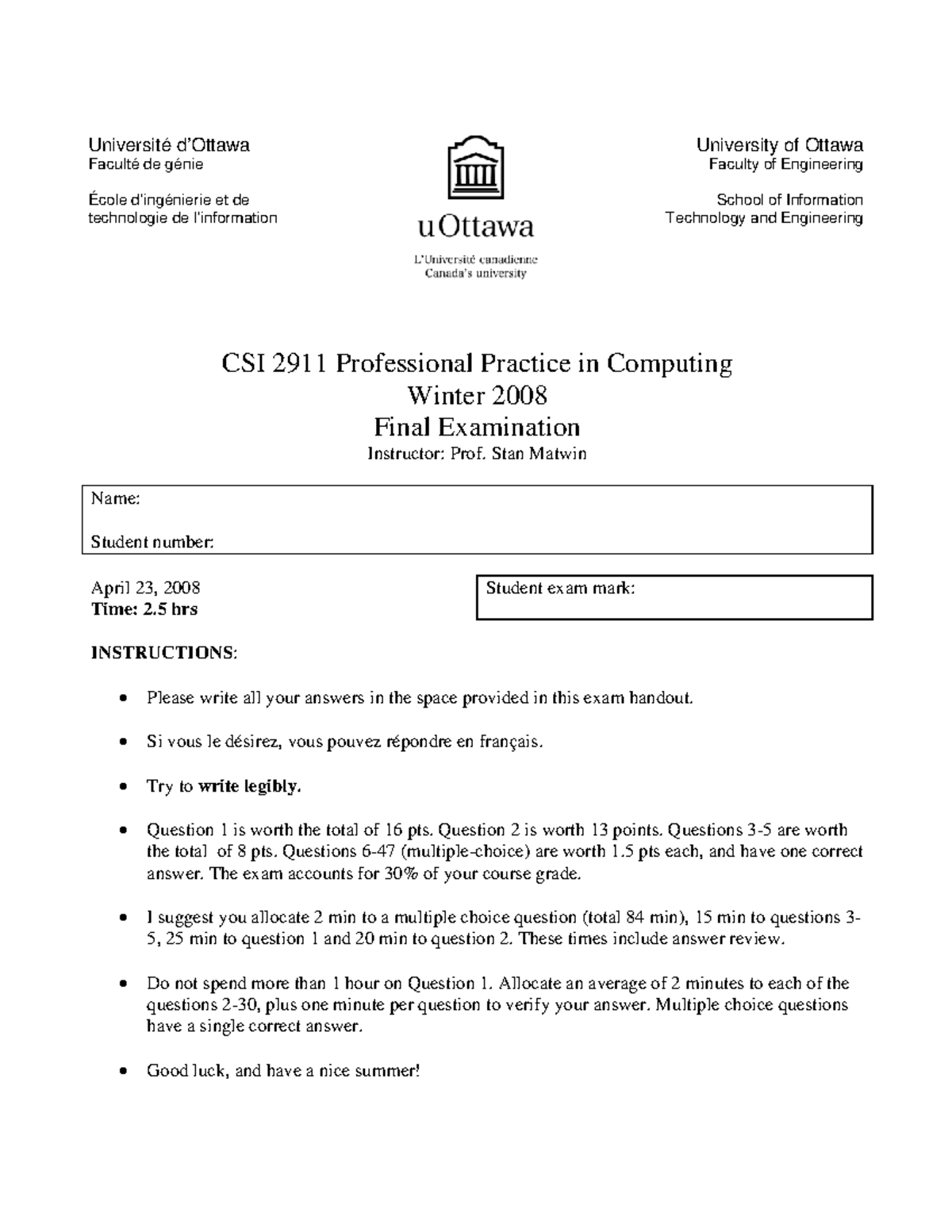 sample questions from previous year exams - CSI2120 - uOttawa - Studocu