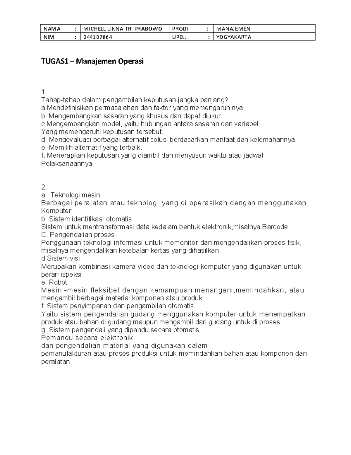 Michell 04410766 Manajemen Operasi - TUGAS1 – Manajemen Operasi 1 ...