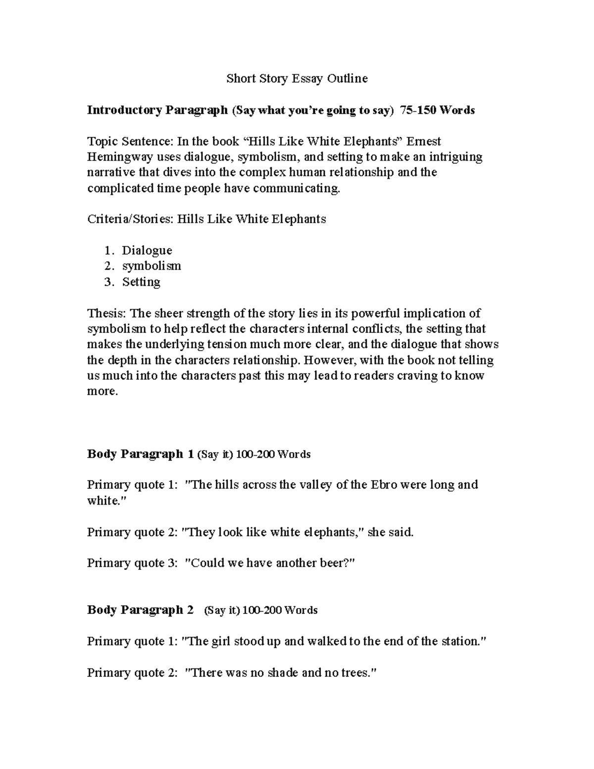 Short Story Essay Outline - Short Story Essay Outline Introductory ...