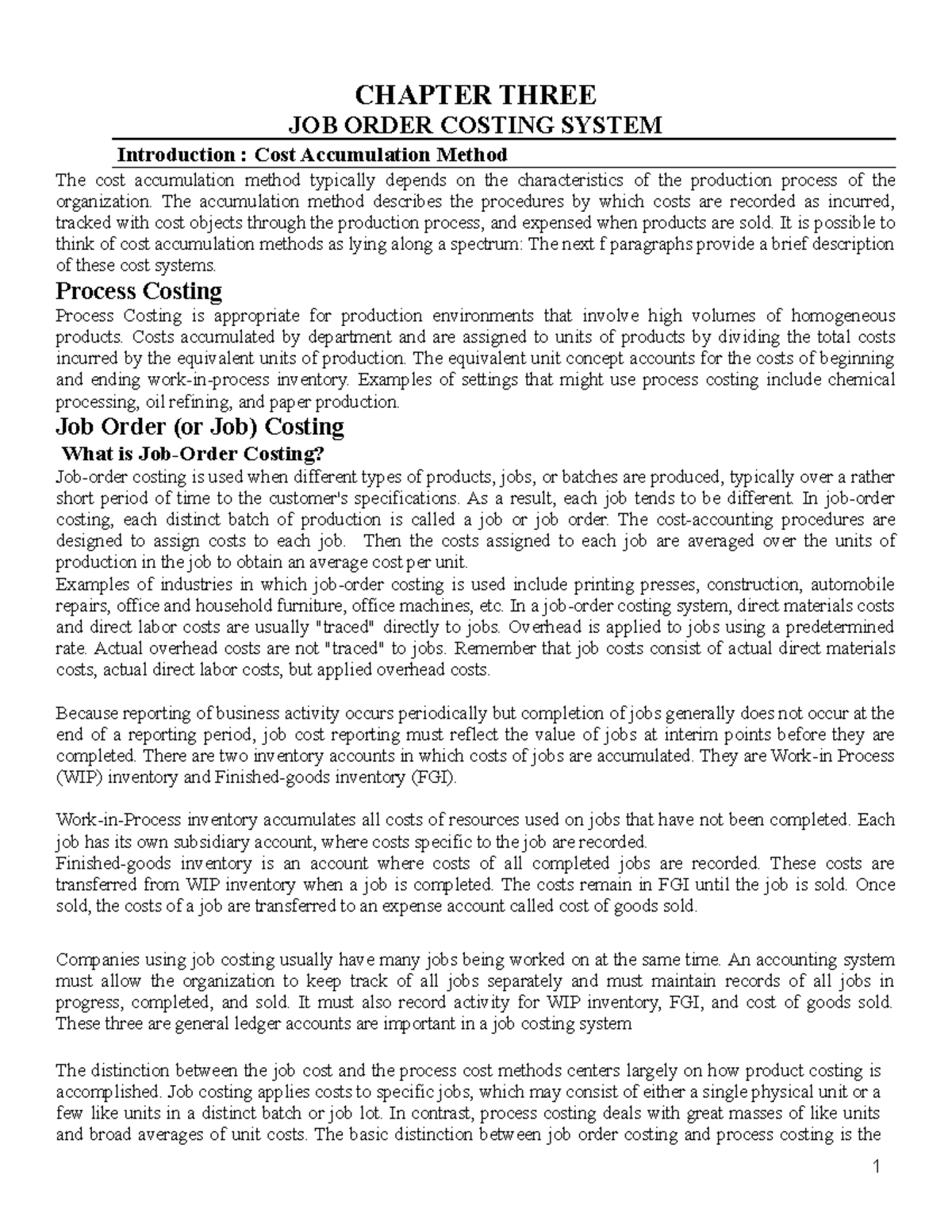 Cost Chapter 3 Job Order Costing System 1 Chapter Three Job Order