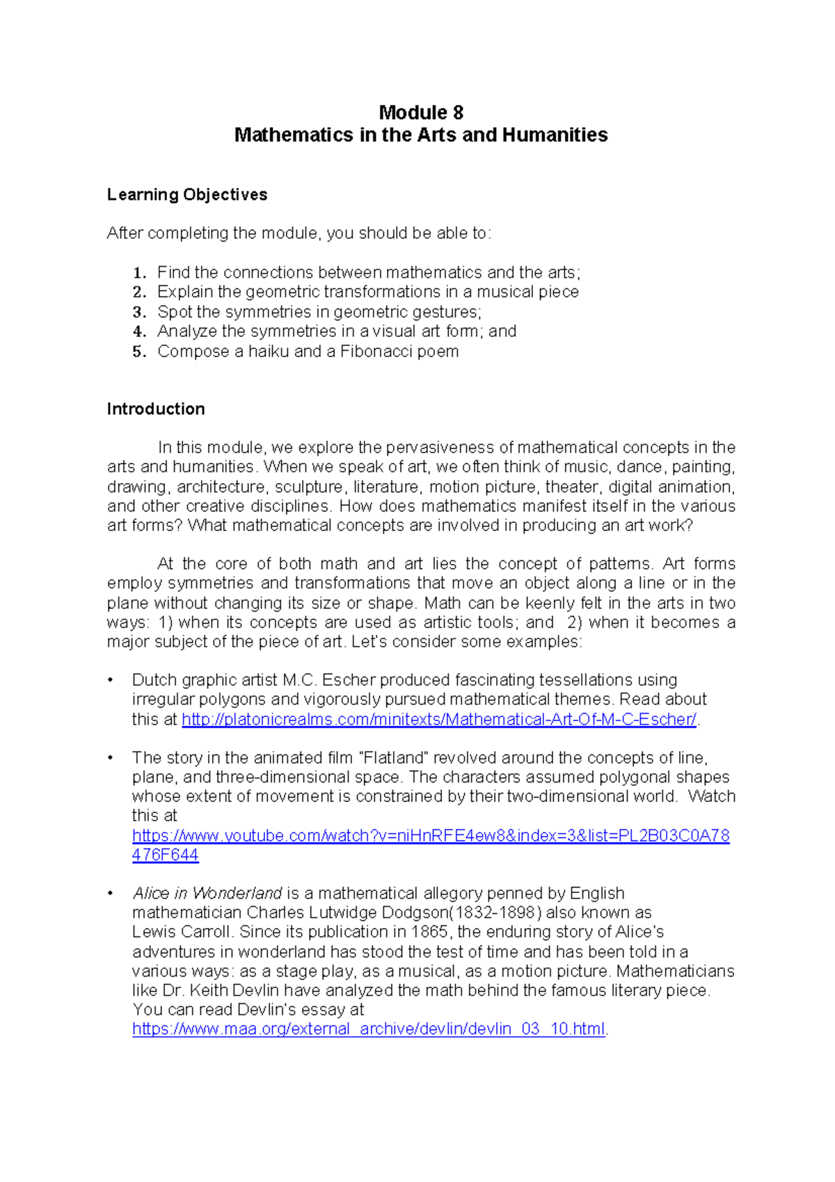 MATH 10 Module 8 Mathematics in the Arts and Humanities - Module 8 ...