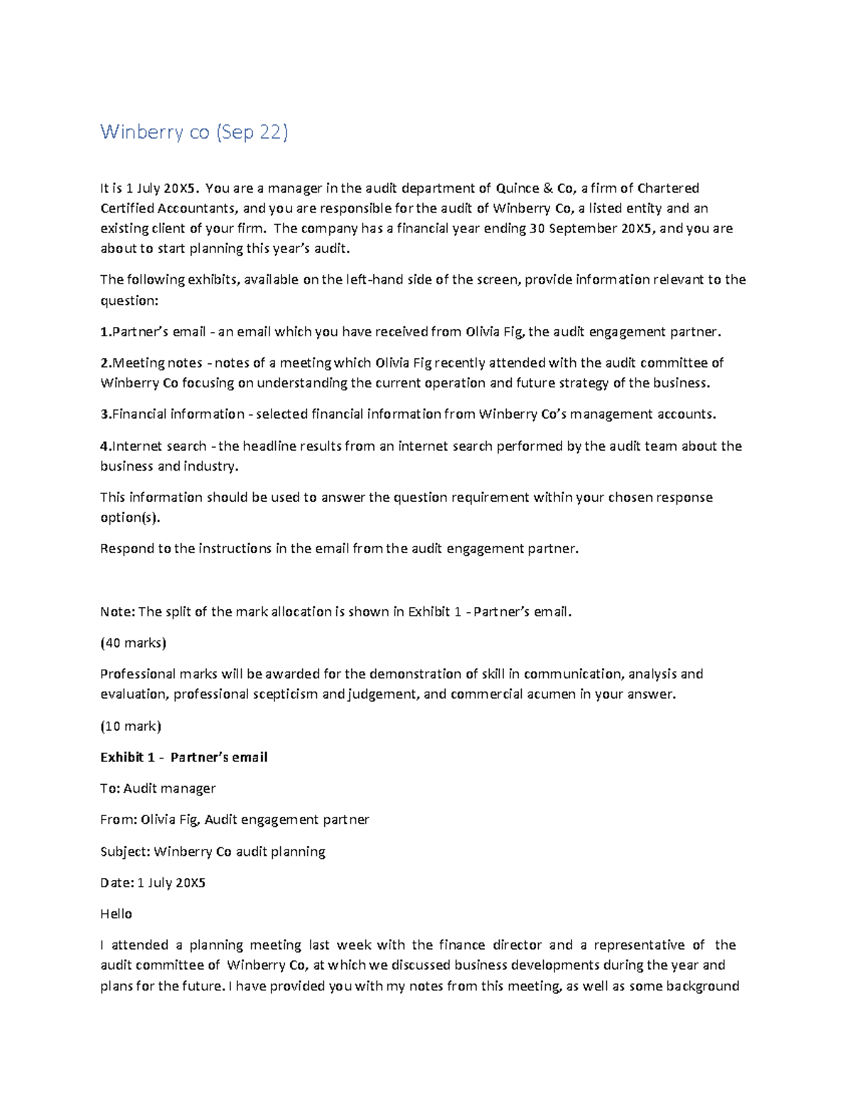 Winberry Co Audit Planning - Studocu