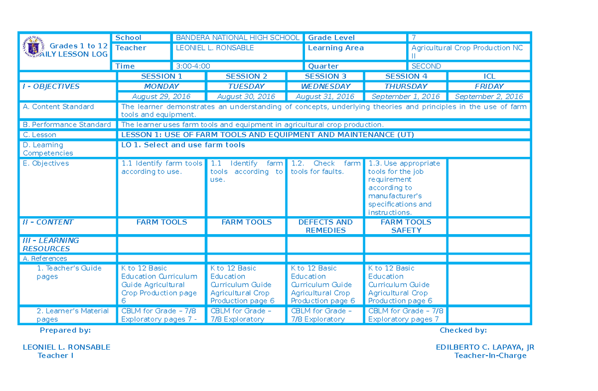 411221247 DLL Agricultural Crop TLE Grade 7 docx - Grades 1 to 12 DAILY ...