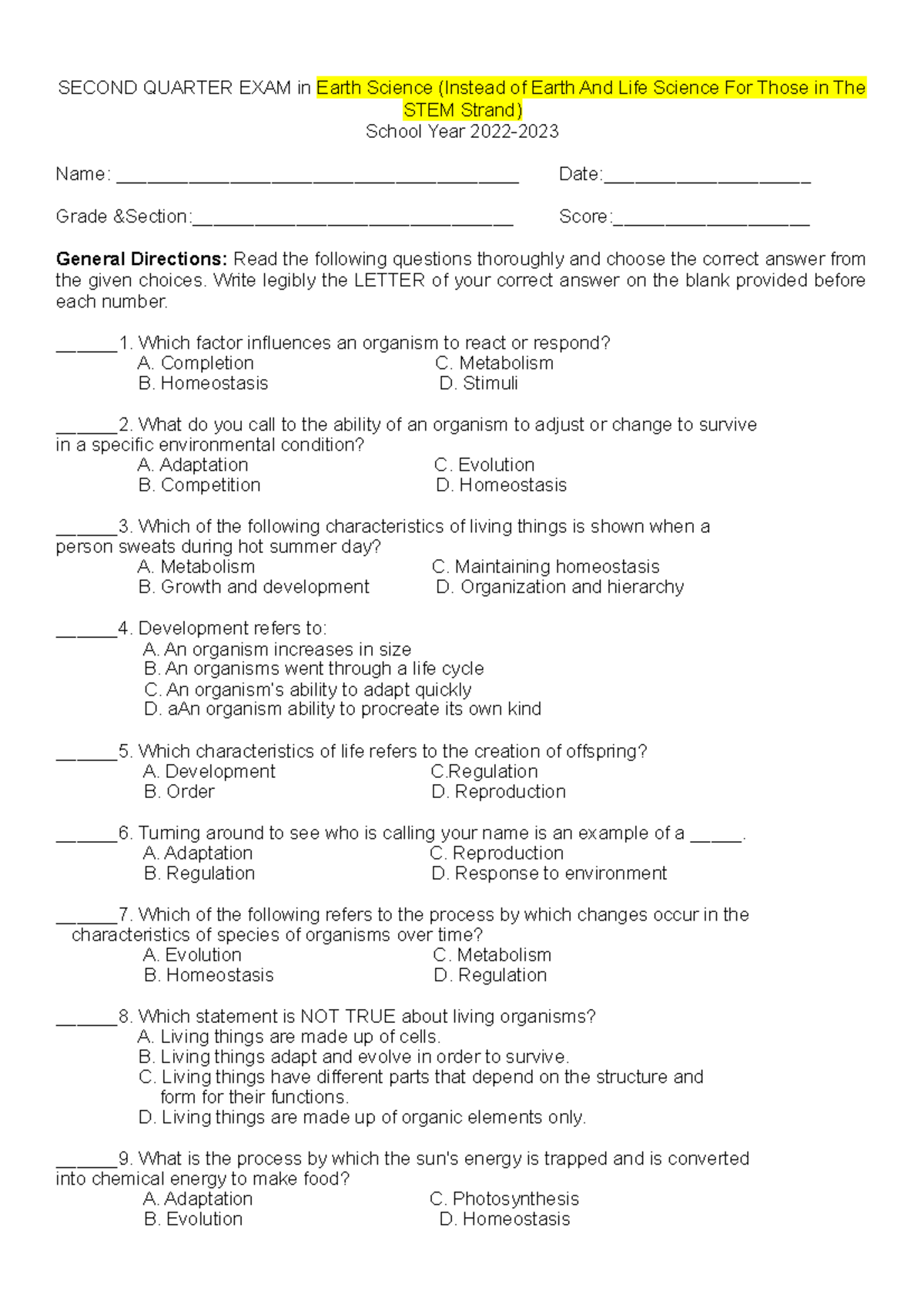Copy of (updated) Second Quarter EXAM in Earth science - SECOND QUARTER ...