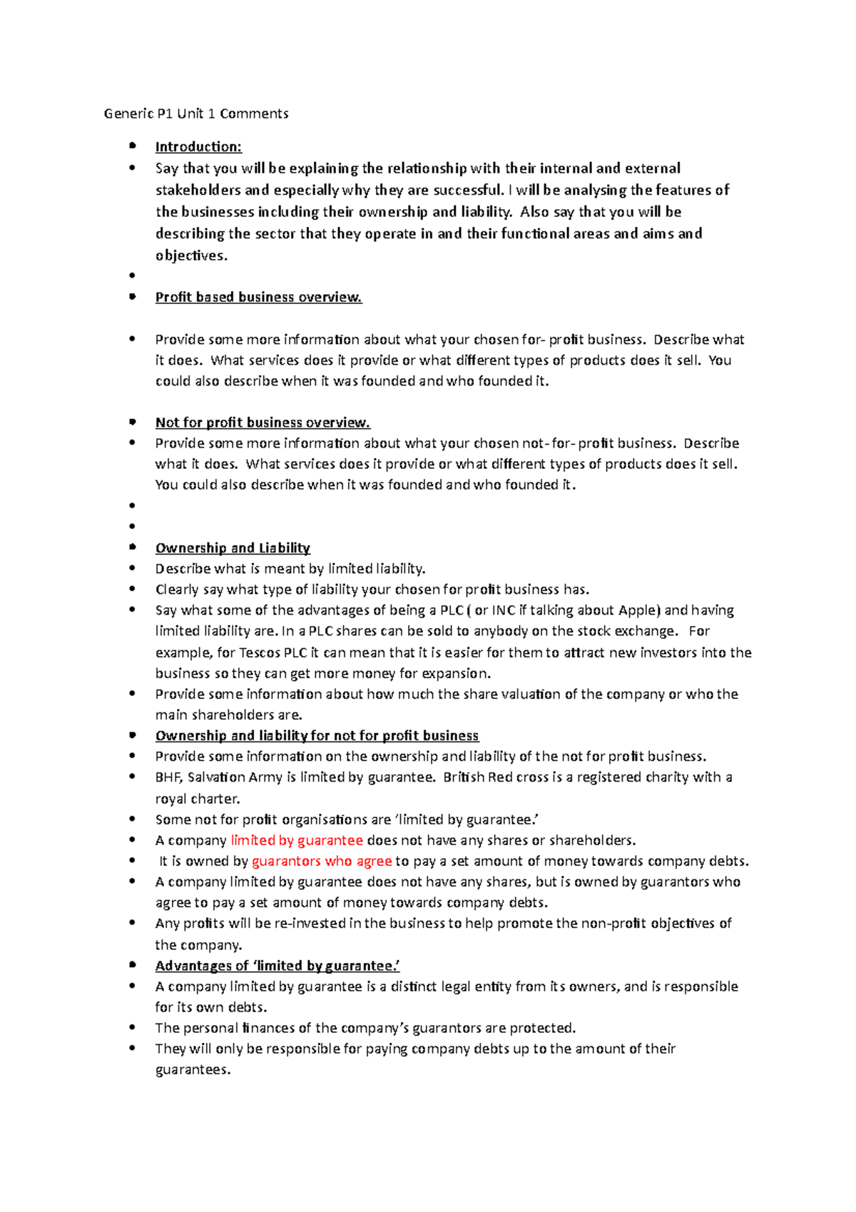 Generic comments for P1 - Generic P1 Unit 1 Comments Introduction: Say ...