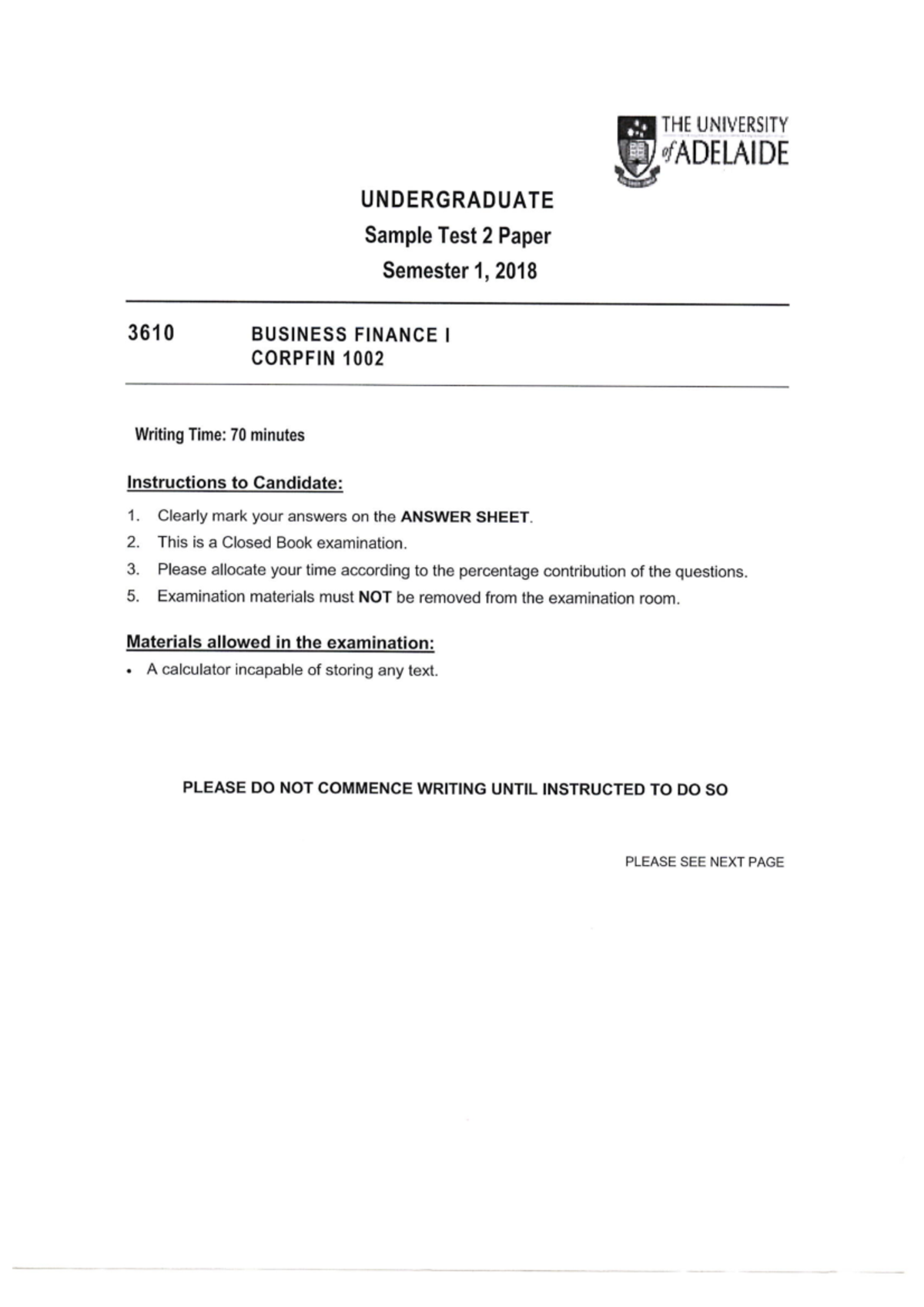 Sample Test 2 - CORPFIN 1002 - Studocu