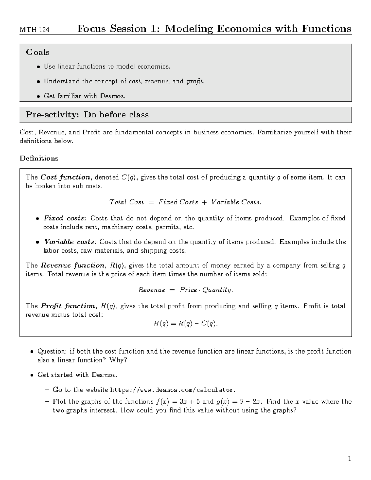 Focus session 1 - MTH 124 Focus Session 1: Modeling Economics with ...