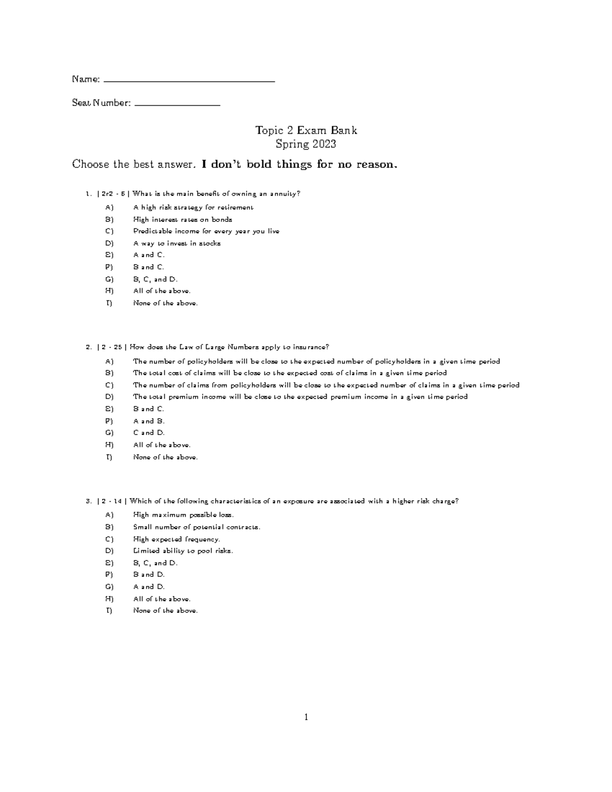 Test Bank Topic 2 - This document goes over all the potential Exam 1 ...
