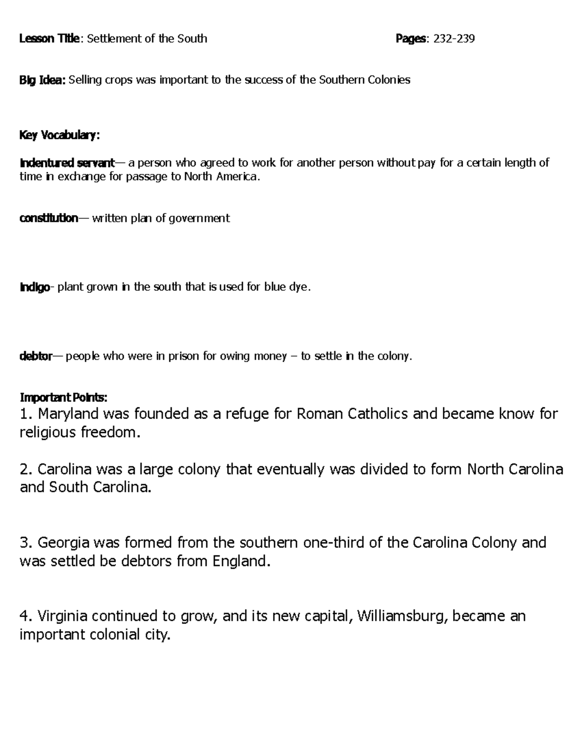 Ch 7 Notes - Southern Colonies - Lesson Title: Settlement of the South ...