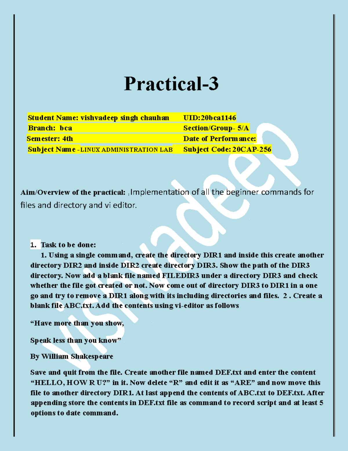 Linux EX - 3 (20BCA1156 - Bachelors of Computer Applications - Studocu