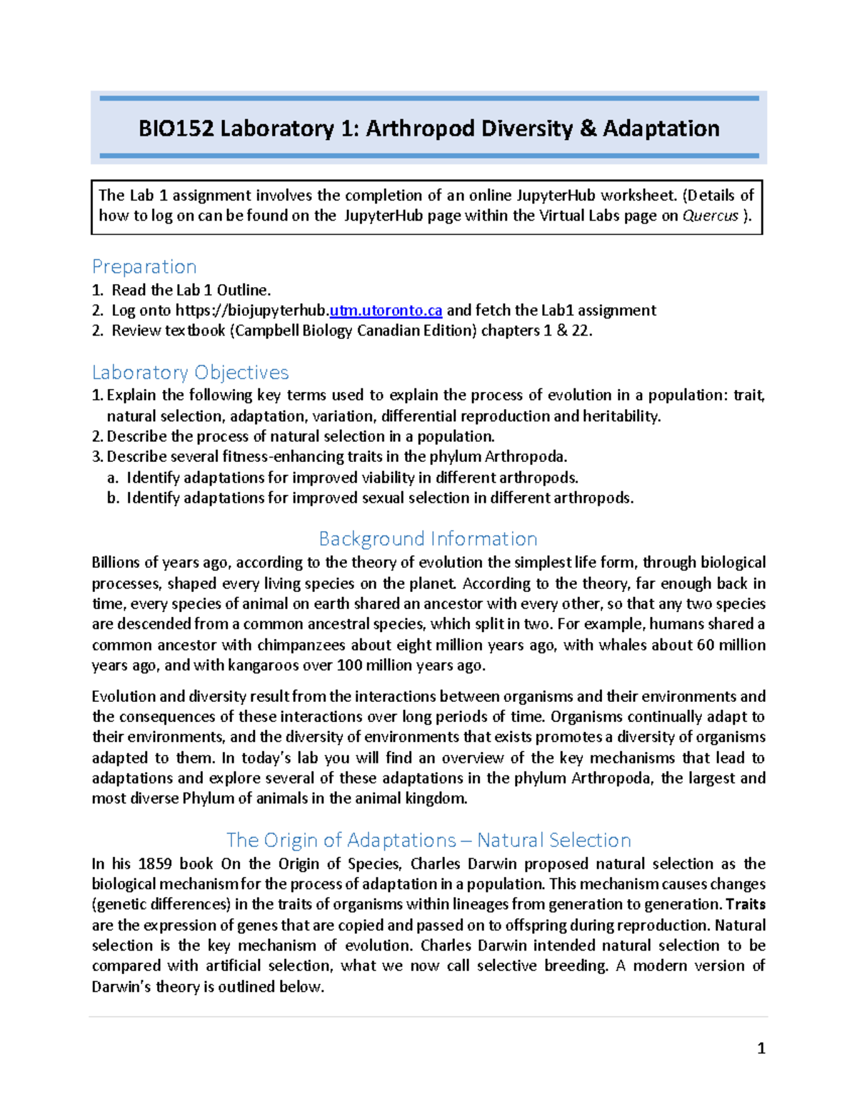 BIO152H5F 2020 Lab 1 Arthropod Adaptations Outline (Final Version for ...