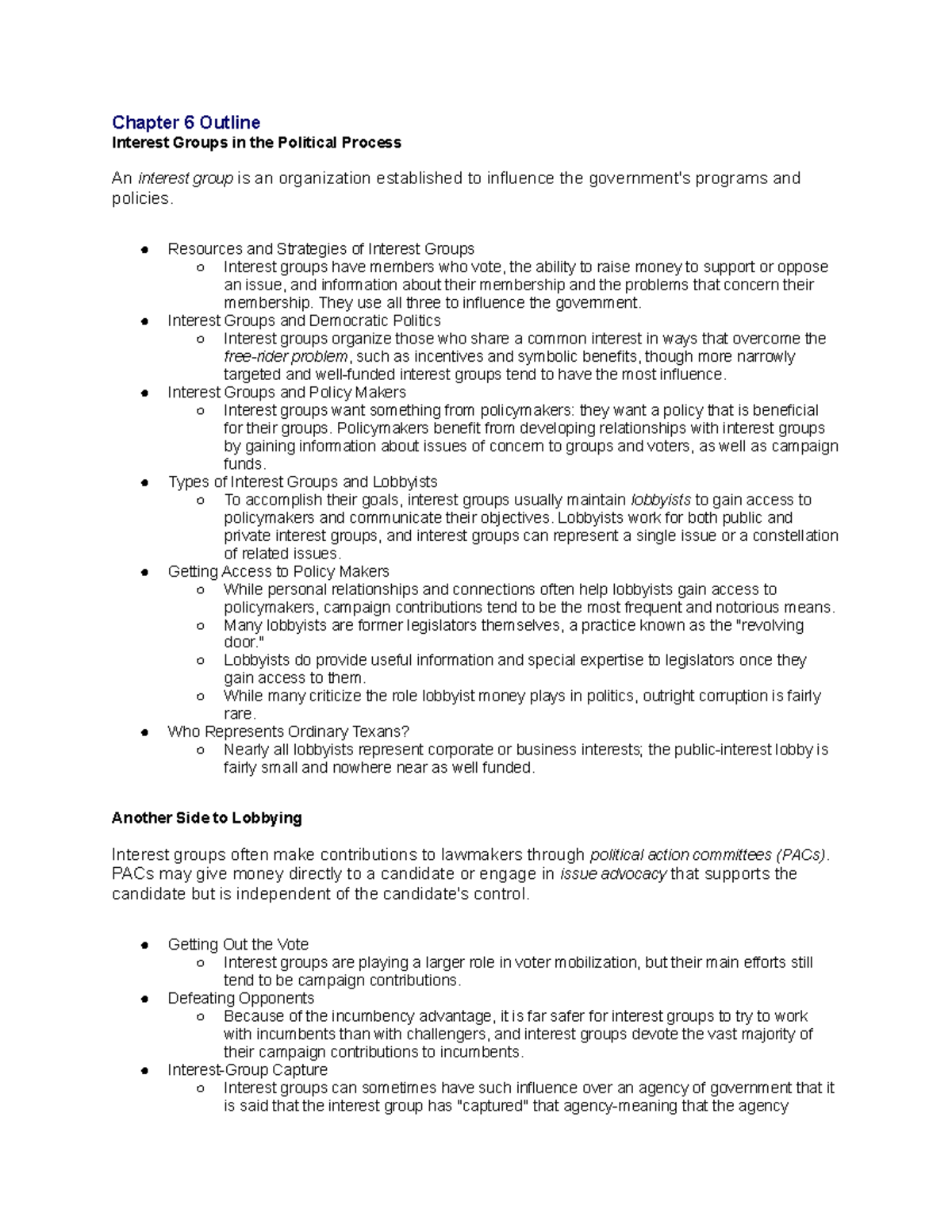 Tx gov't- Chapter 6 Outline - Chapter 6 Outline Interest Groups in the ...