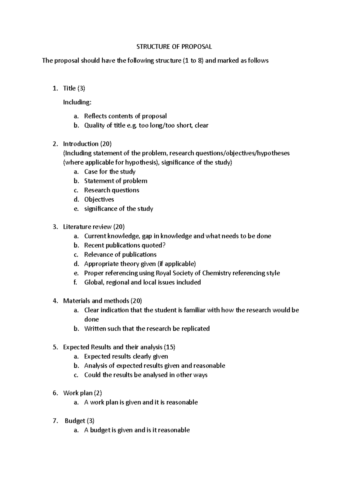 Marking Scheme OF Proposals - STRUCTURE OF PROPOSAL The proposal should ...