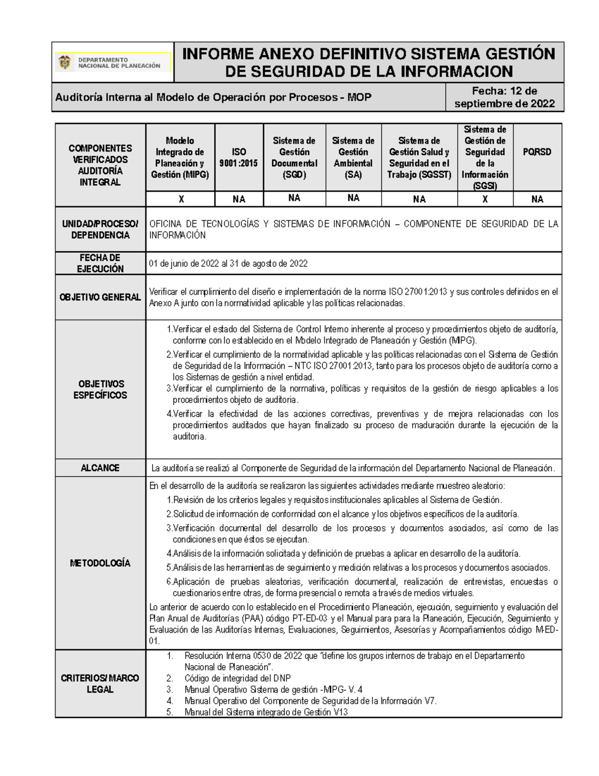 Informe Anexo Definitivo SGSI - DE SEGURIDAD DE LA INFORMACION Auditoría Interna al Modelo de ...