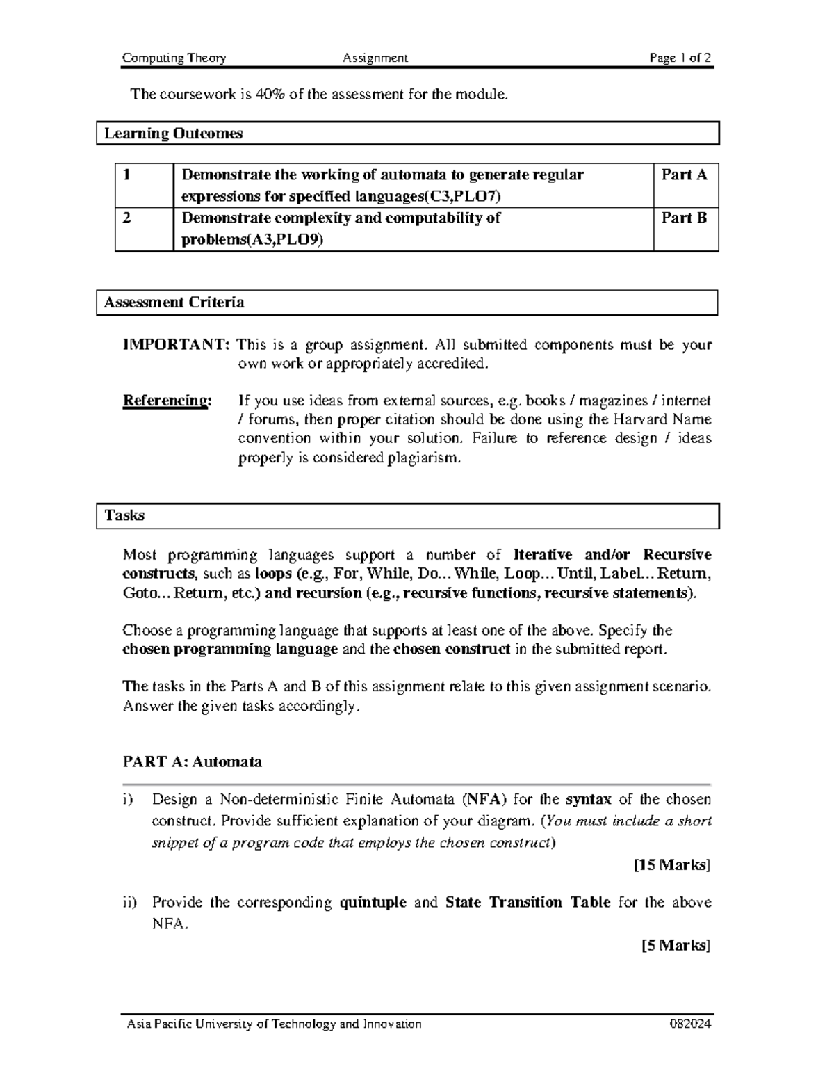 COMT Assignment Question 082024 - Computing Theory Assignment Page 1 of 2 Asia Pacific ...