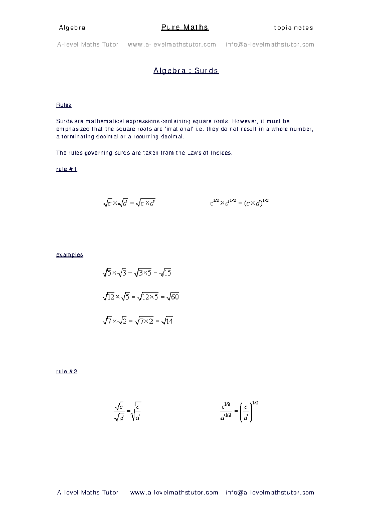 19013026 Surds algebra revision notes from A level Maths Tutor - A ...