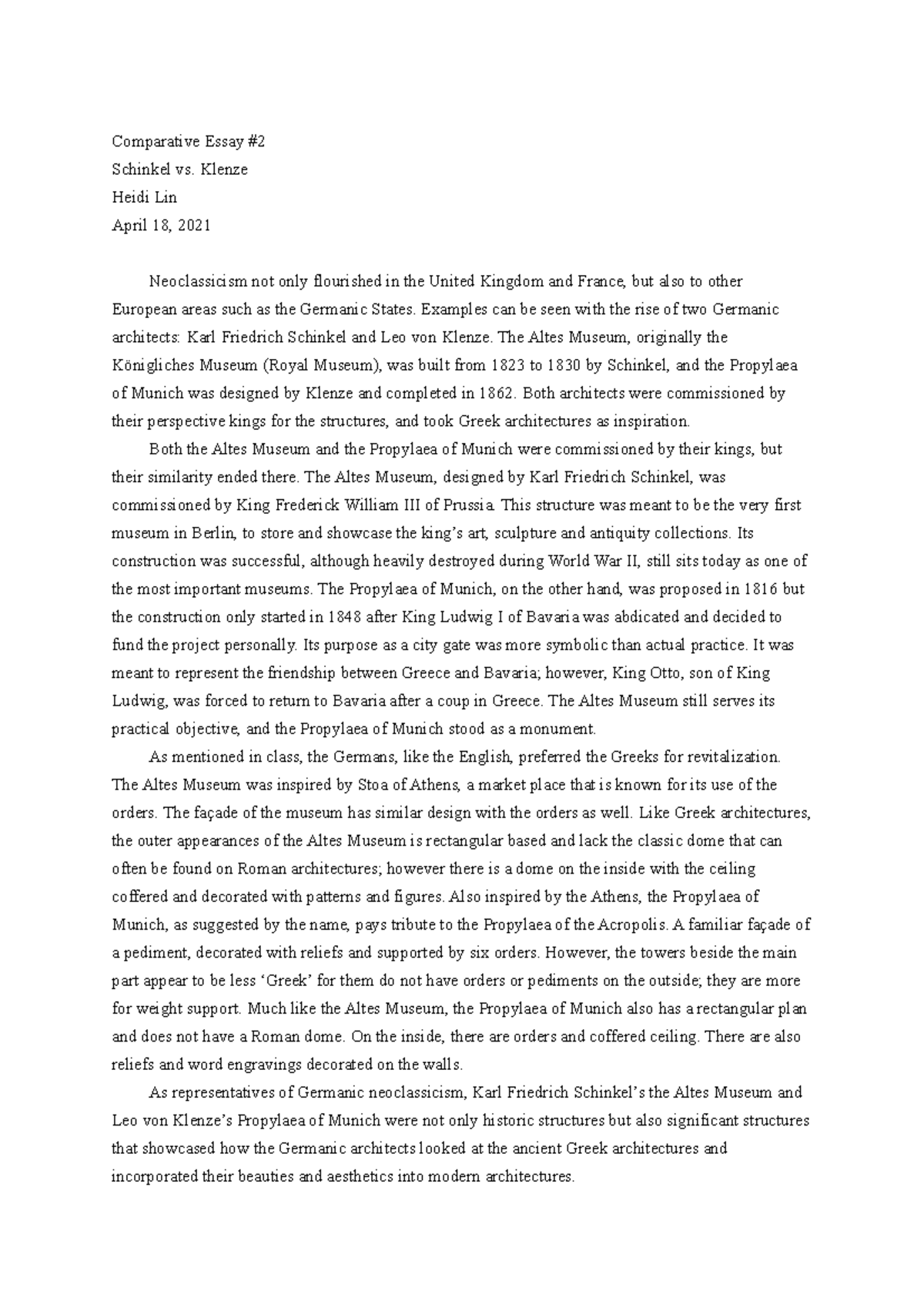 ARLH206 Heidi Lin Comparative Essay 2 - Comparative Essay # Schinkel vs ...