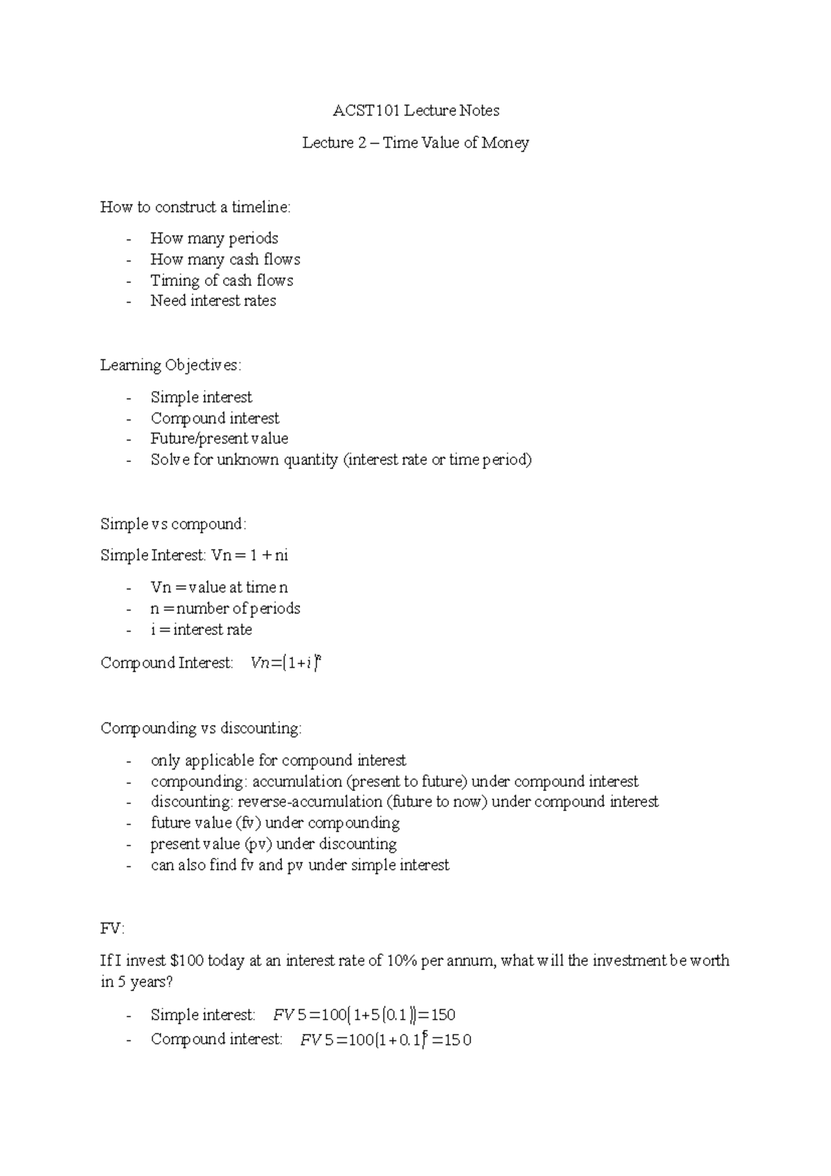 Lecture 2 - TVM - ACST101 Lecture Notes Lecture 2 – Time Value of Money ...