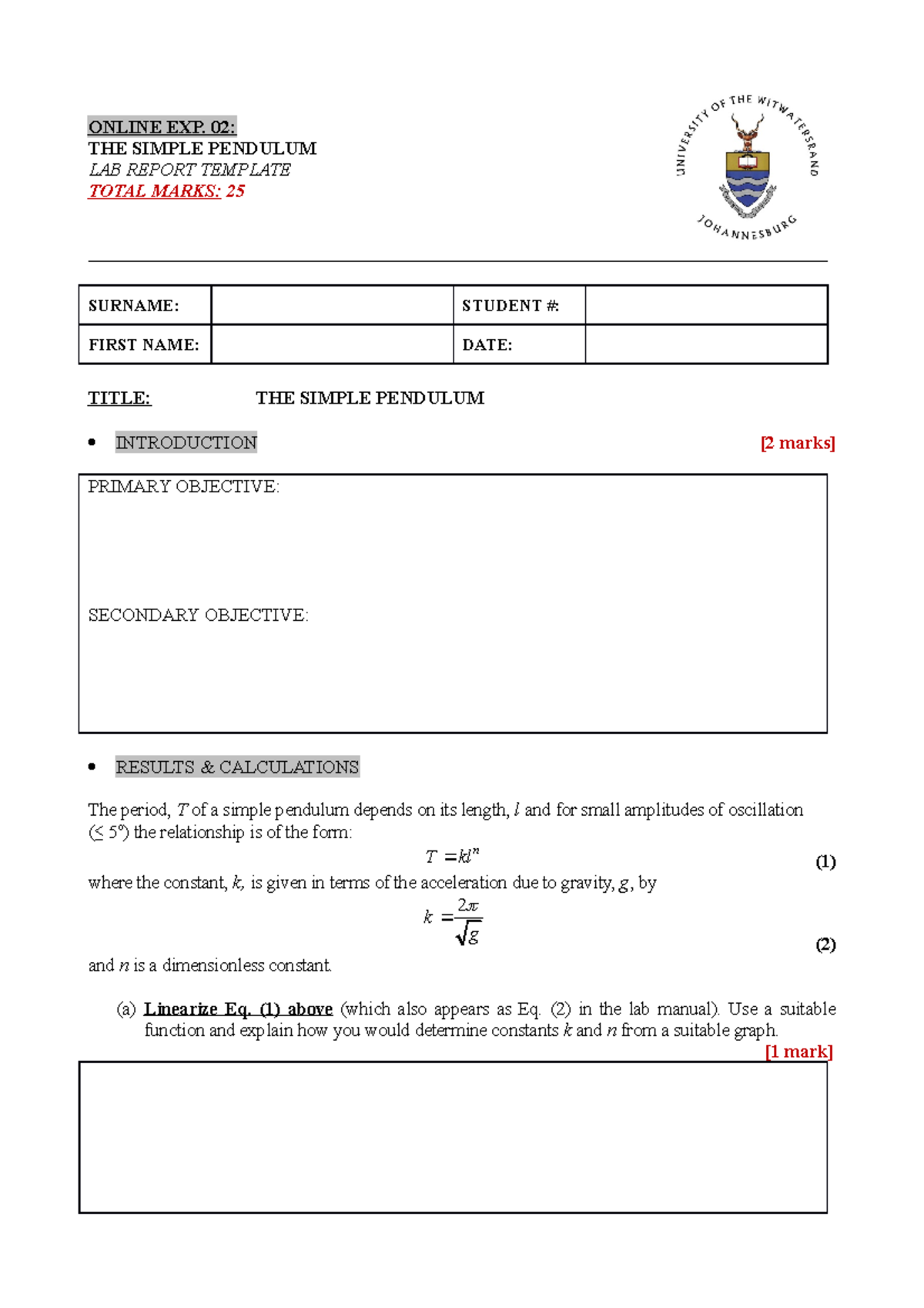 Online Exp02 - Simple Pendulum - Lab Report Template-1 - ONLINE EXP. 02 ...