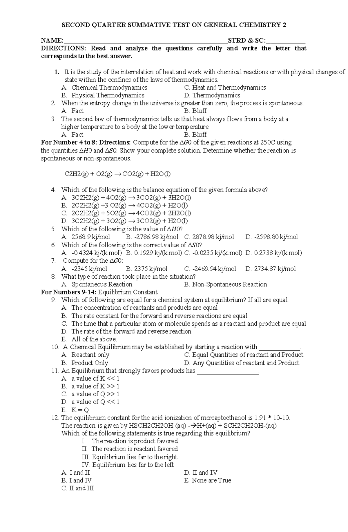 Gen Chem 2 Test - SECOND QUARTER SUMMATIVE TEST ON GENERAL CHEMISTRY 2 ...