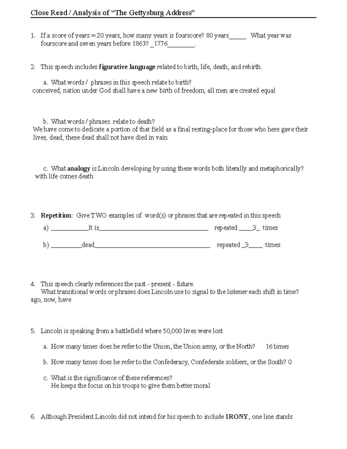 Copy of 8 Gettysburg Address - Close Read & Analysis - Close Read ...