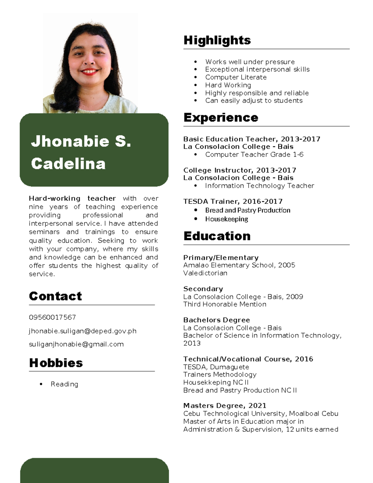 CV Jhonabie Cadelina - RESUME - Highlights Works well under pressure ...