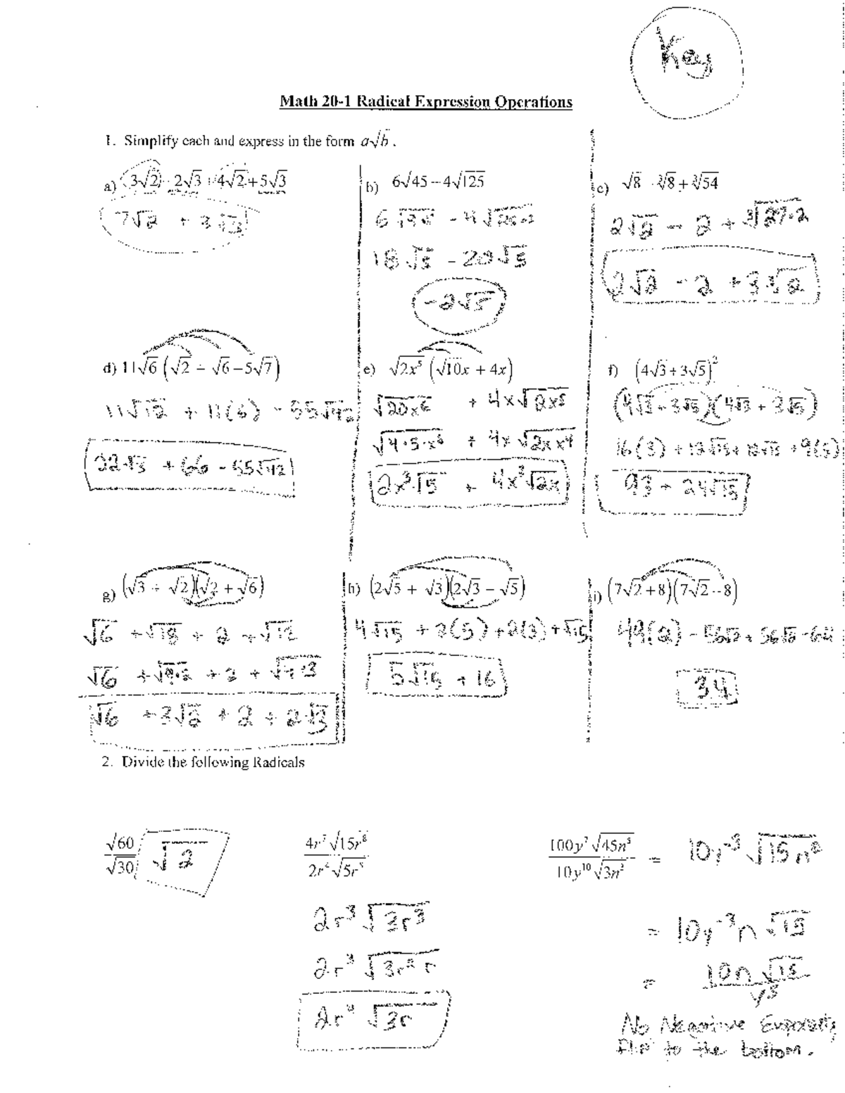 Operations on Rads 2 key - MATH 288 - Studocu