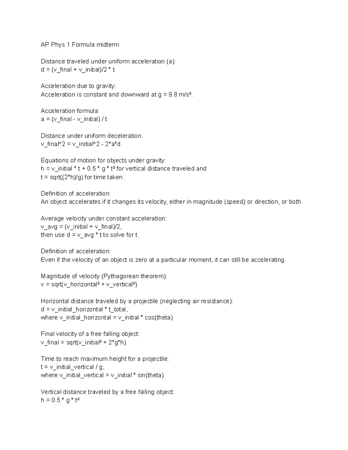 AP phys 1 formulas midterm 1 - AP Phys 1 Formula midterm Distance ...