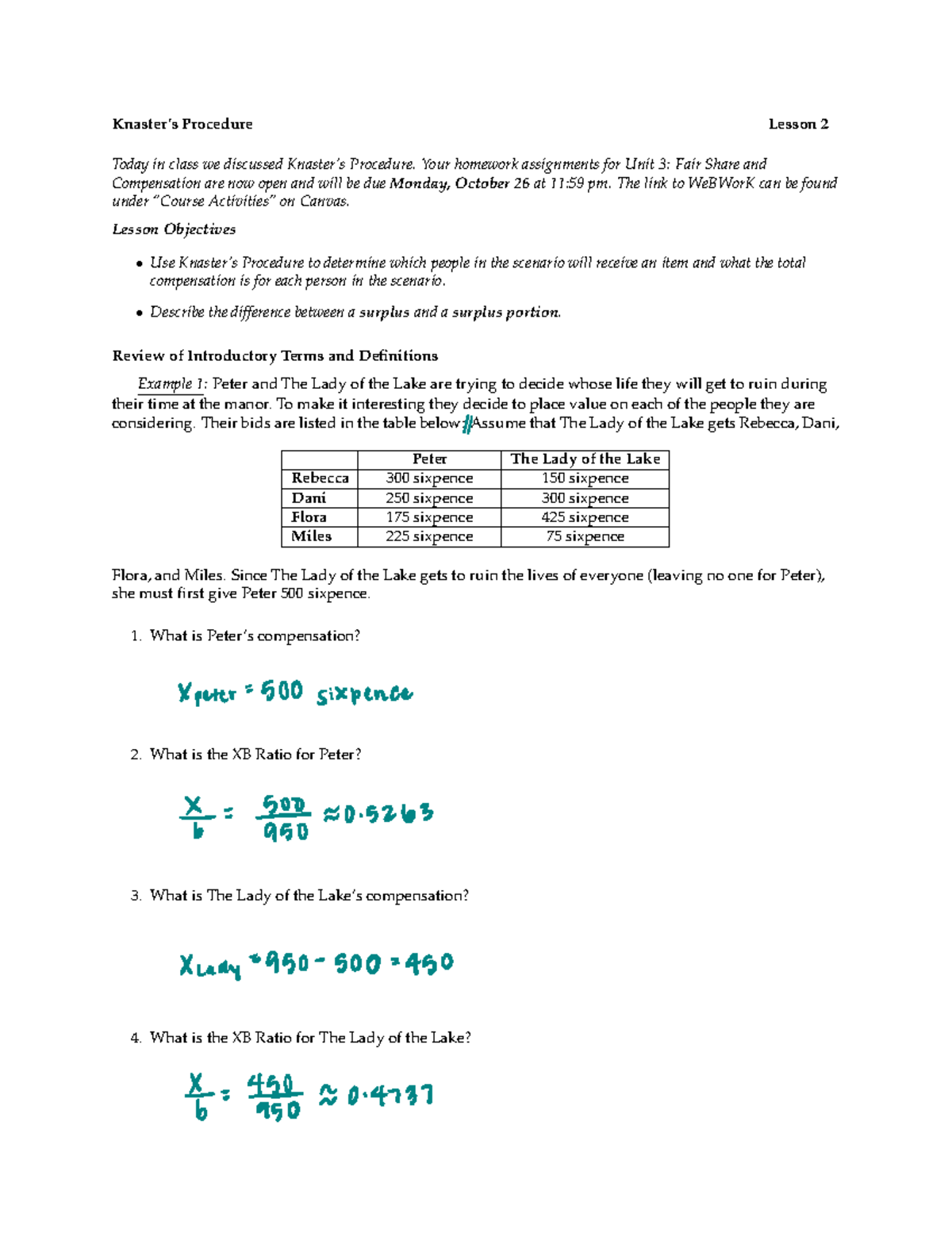 Lesson 2 Knaster's Procedure (Solutions) - Knaster’s Procedure Lesson 2 ...