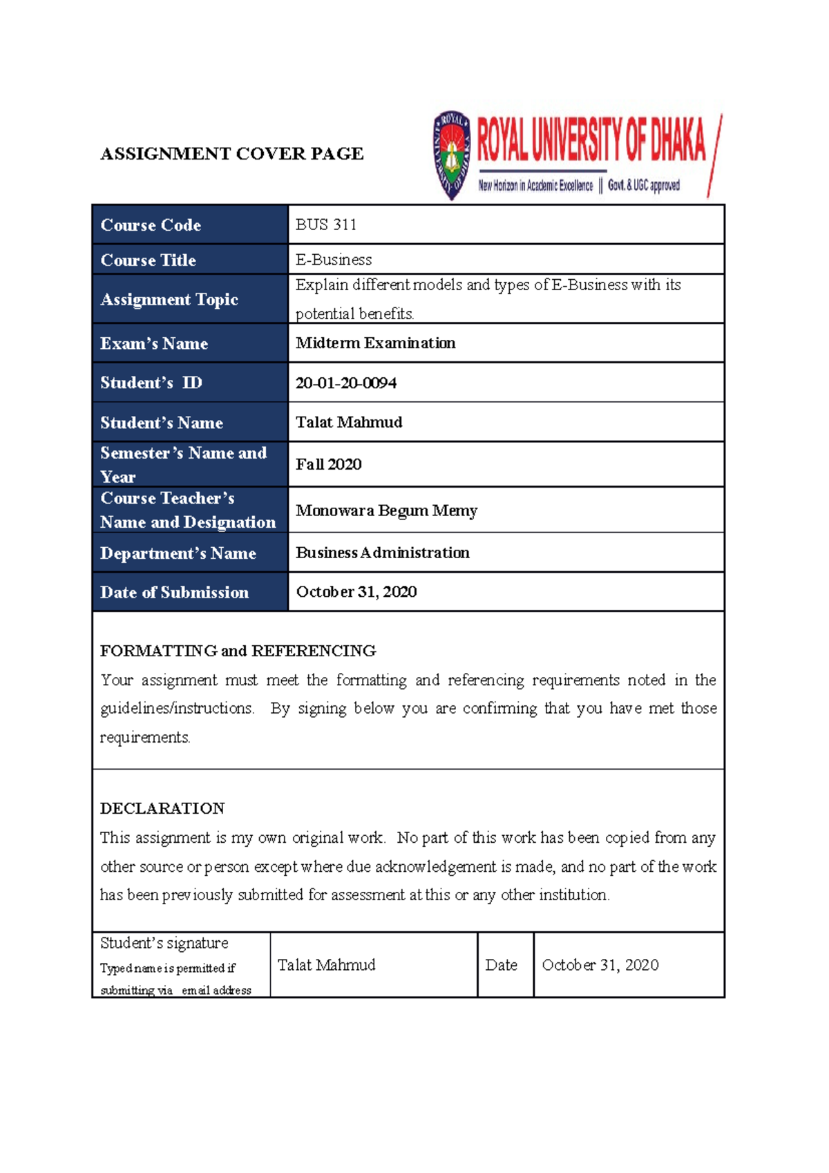 BUS 311 - EBusiness - ASSIGNMENT COVER PAGE Course Code BUS 311 Course Title E-Business ...