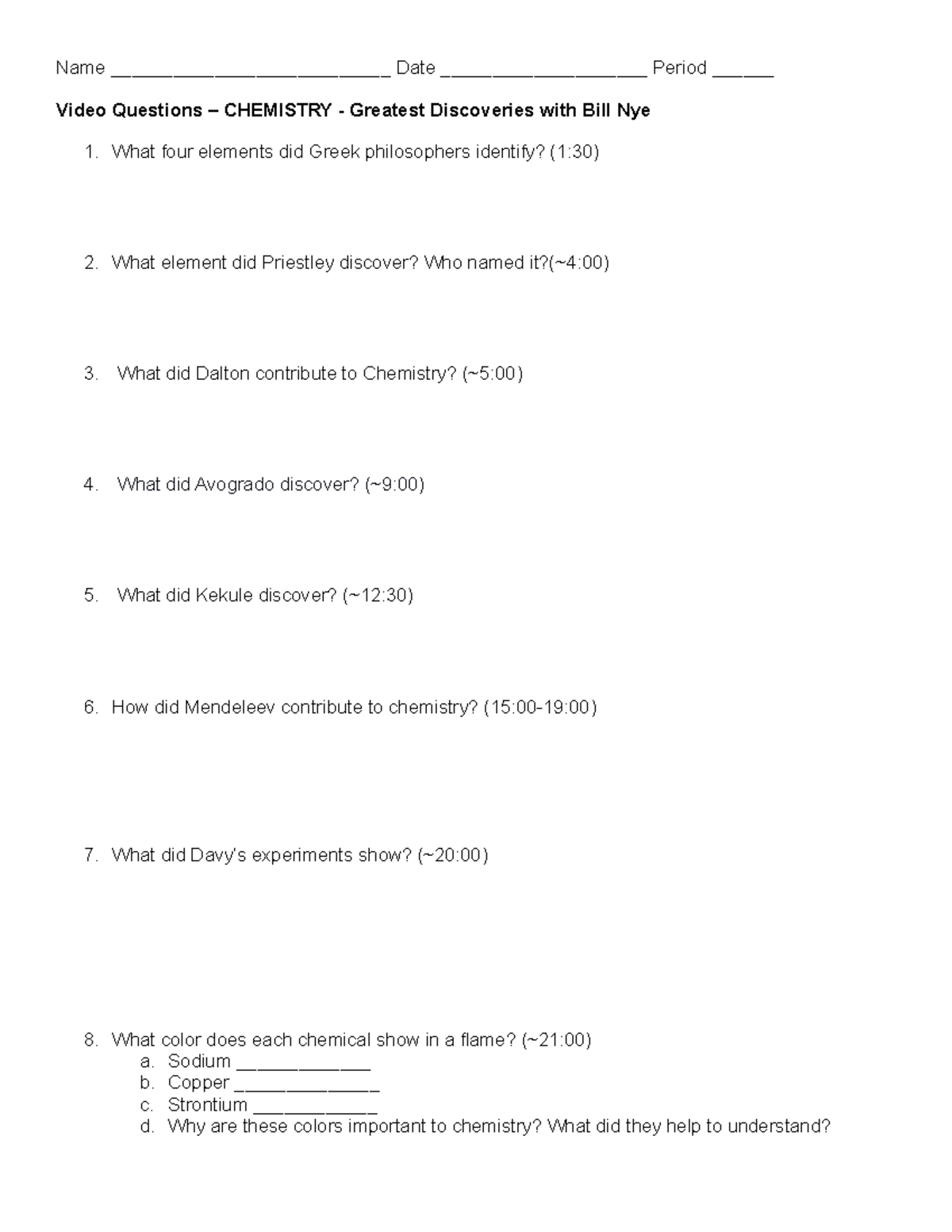 Greatest Discoveriesin Chemistrywith Bill Nye Video Questionswith Key ...