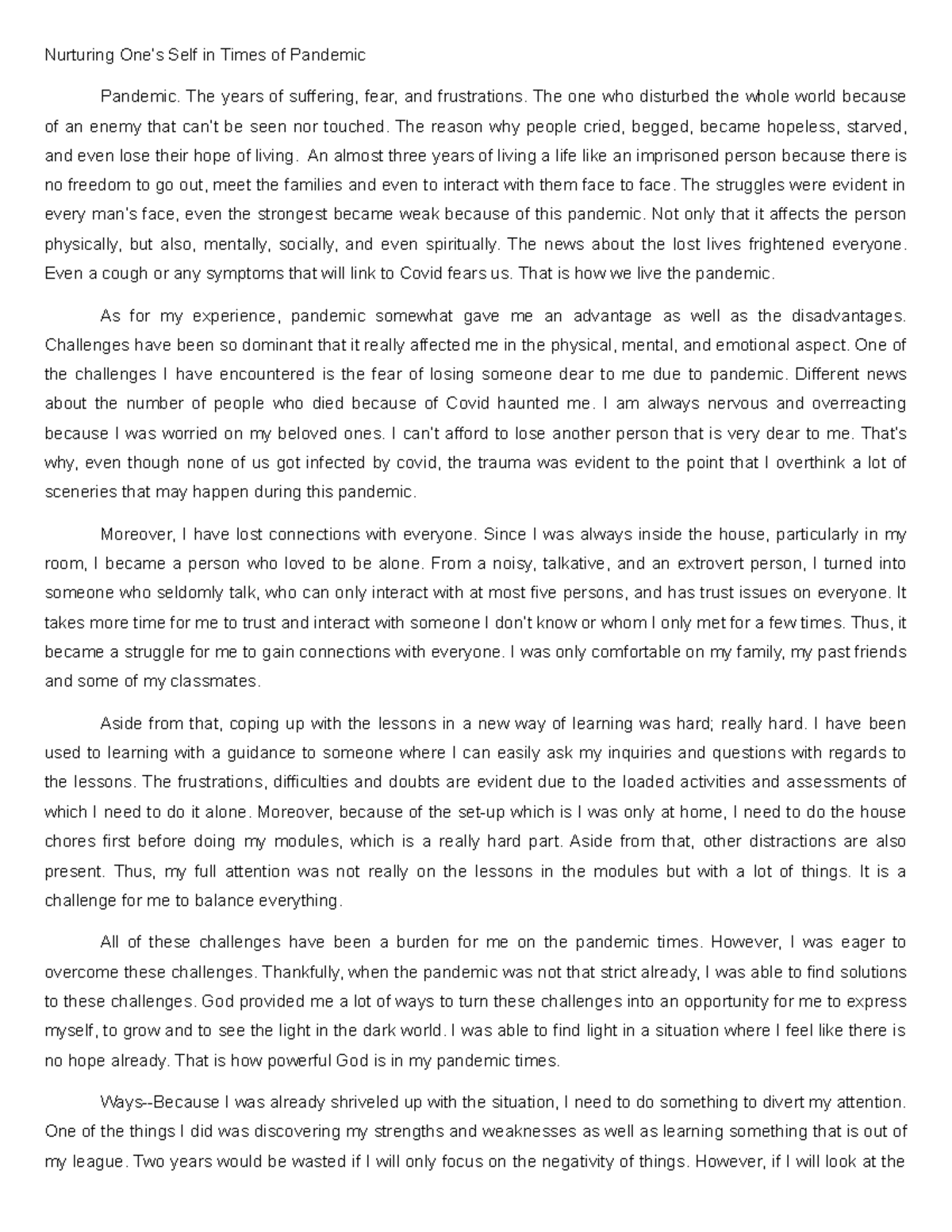 Reflection paper - Nurturing One’s Self in Times of Pandemic Pandemic ...