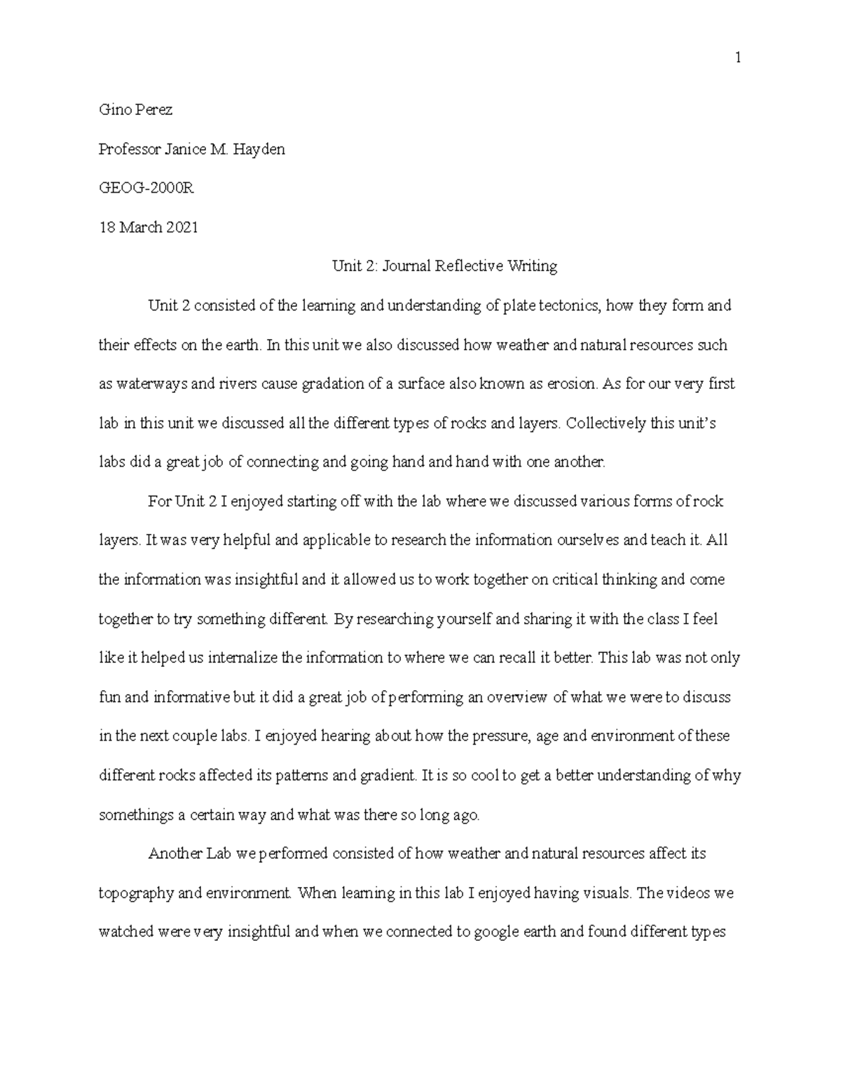 Unit 2 Journal Reflective Writing - 1 Gino Perez Professor Janice M ...