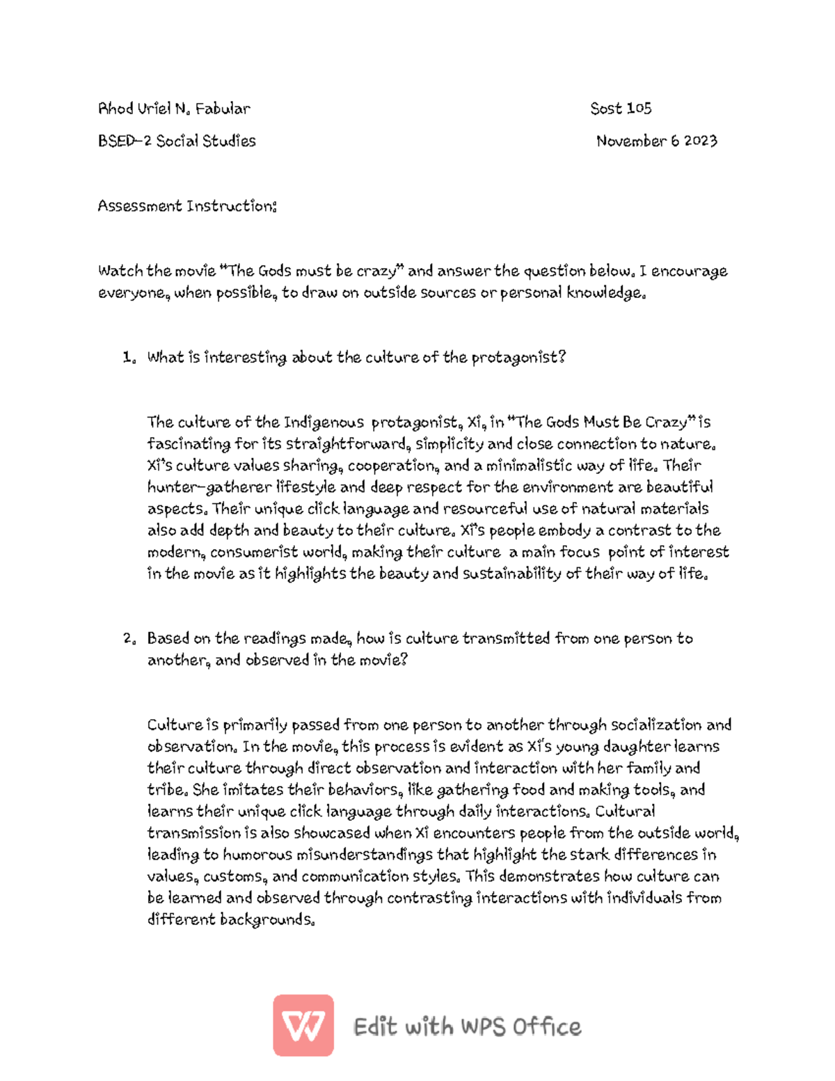 Activity 3.1Fabular The Gods Must Be Crazy - Rhod Uriel N. Fabular Sost ...