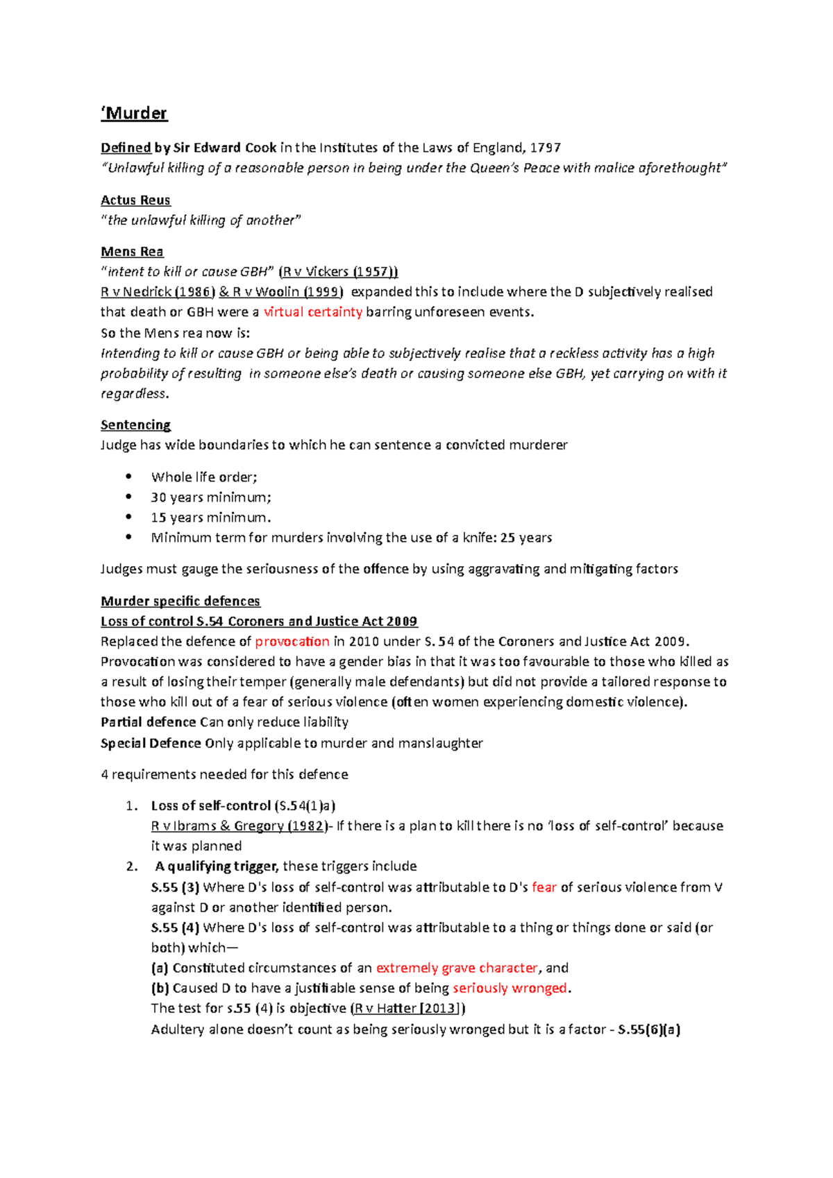 Murder - Lecture notes - LAW-5023B - UEA - Studocu